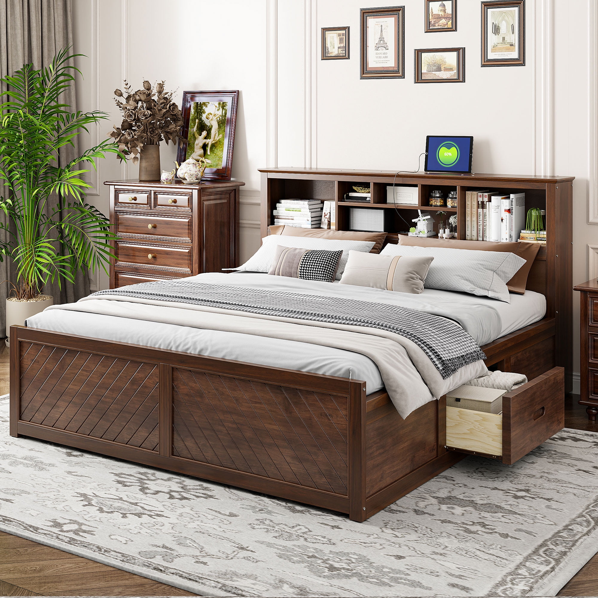 King Size Wood Platform Bed with Multi-storage Headboard, USB and ...