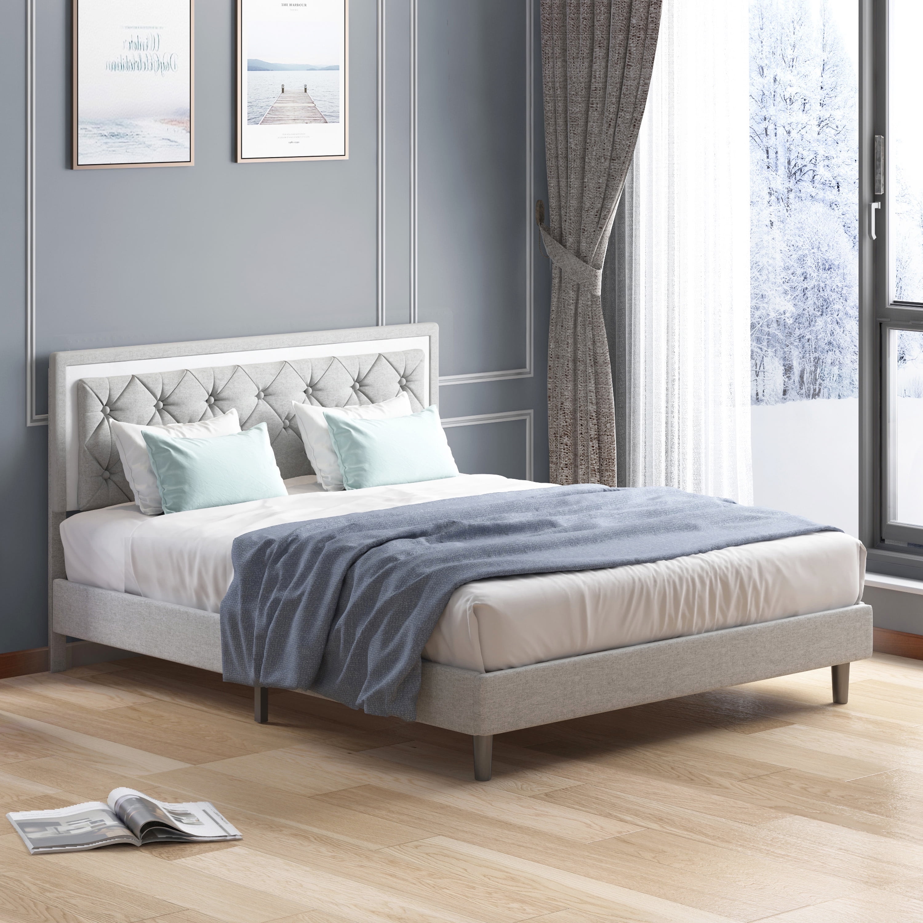 King Size Wood Platform Beds with Silver Edge Headboard, Light Grey ...