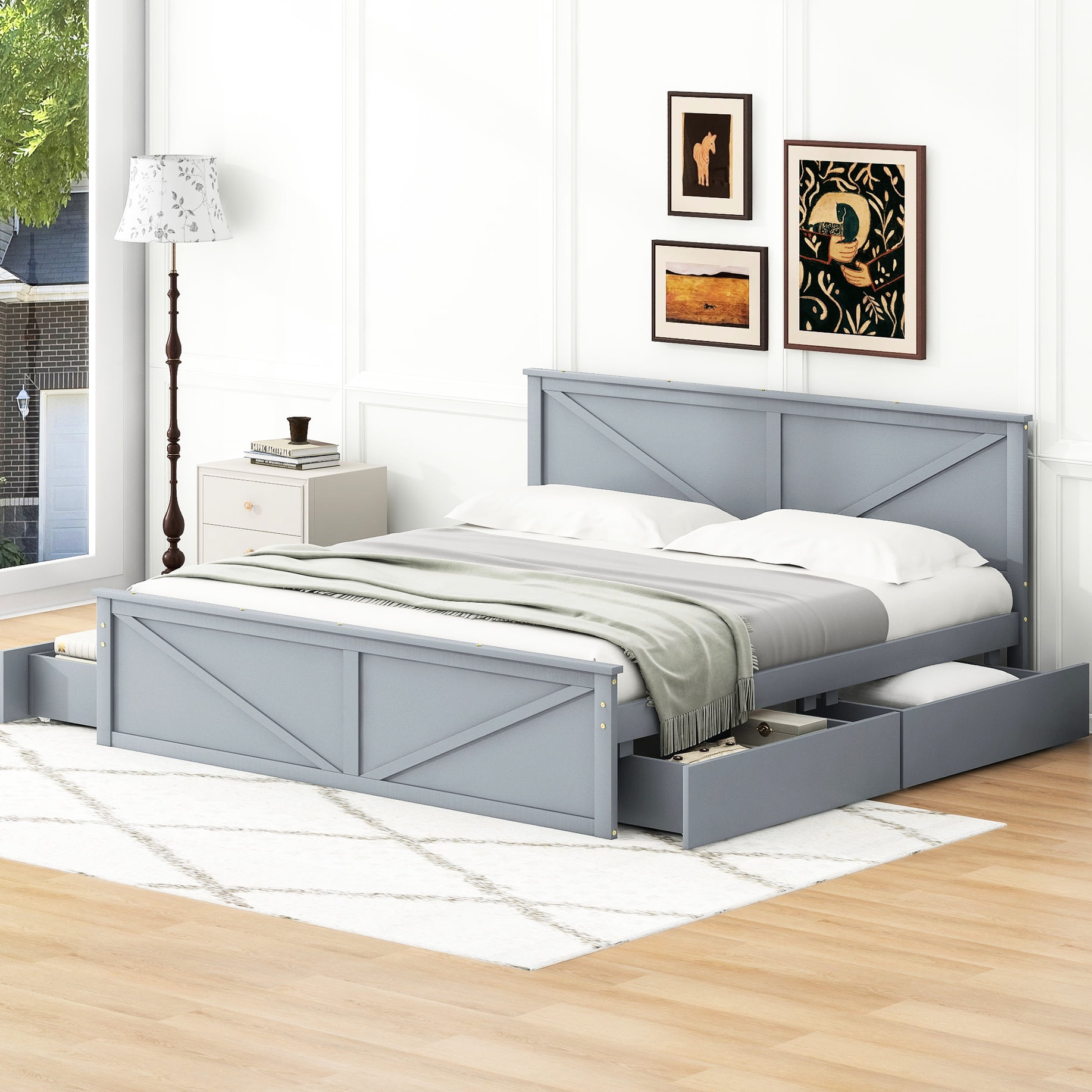 King Size Wooden Bed With Four Storage Compartments, Gray - Maximize ...