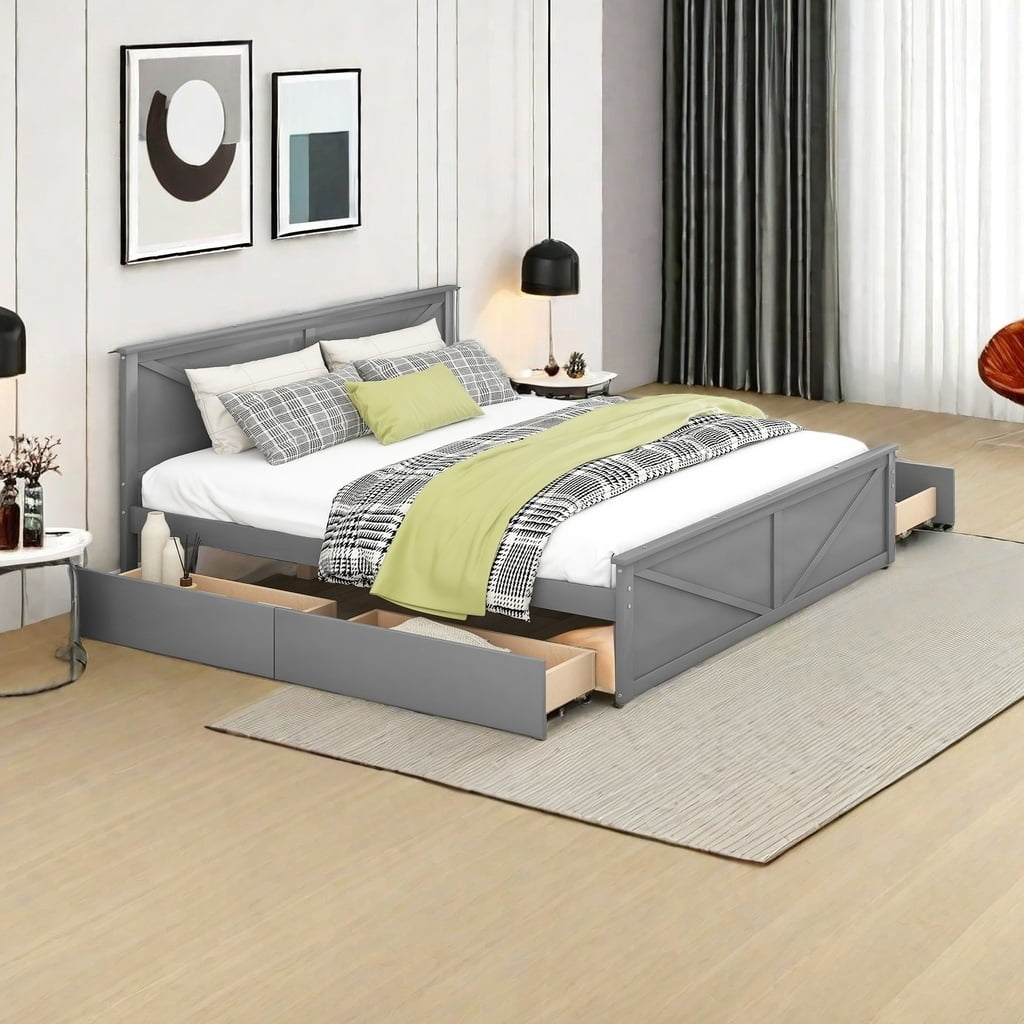 King Size Wooden Platform Bed Frame with Four Storage Drawers and ...