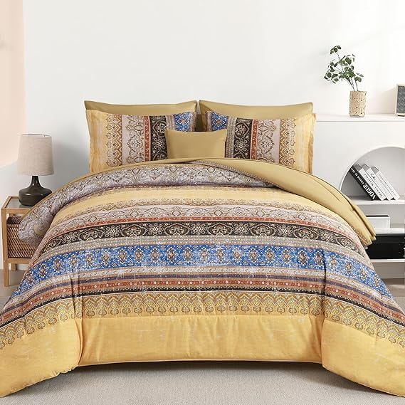 King - Sized Yellow Quilt Set with Ethnic Patterns, Made of Soft Cotton ...