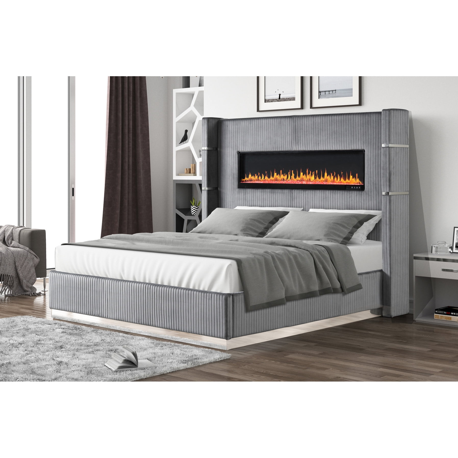 King Slat Bed | Four Color Options in Velvet | Inbuilt Speakers ...