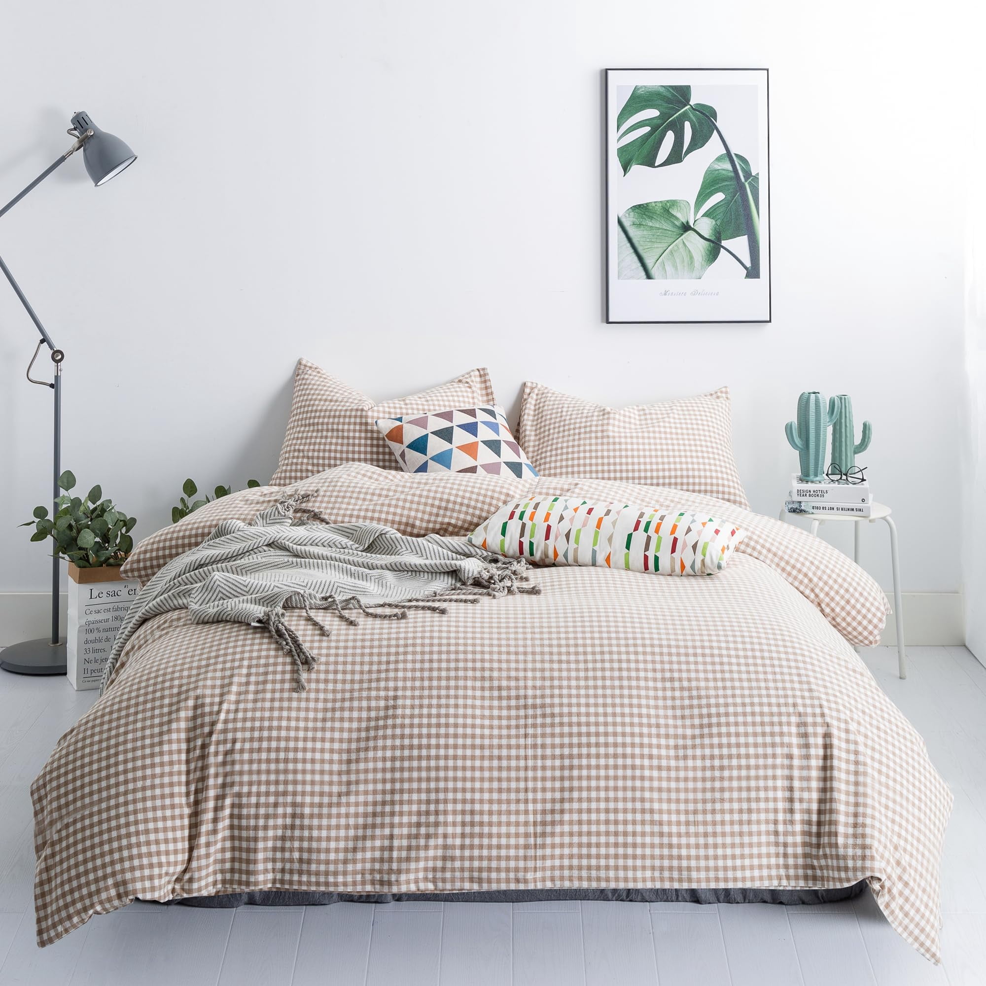 King Tan Gingham Washed Cotton 3-Piece Duvet Cover Bedding Set ...