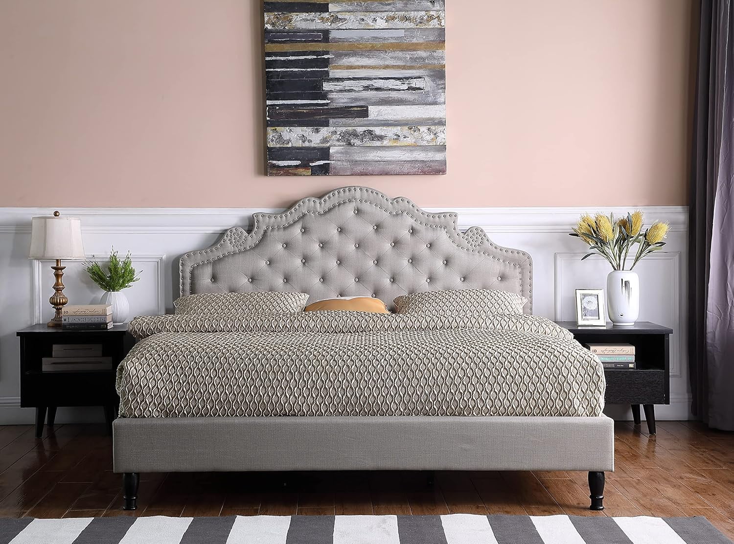King Upholstered Platform Bed Frame with 51" Tall Headboard - Button ...