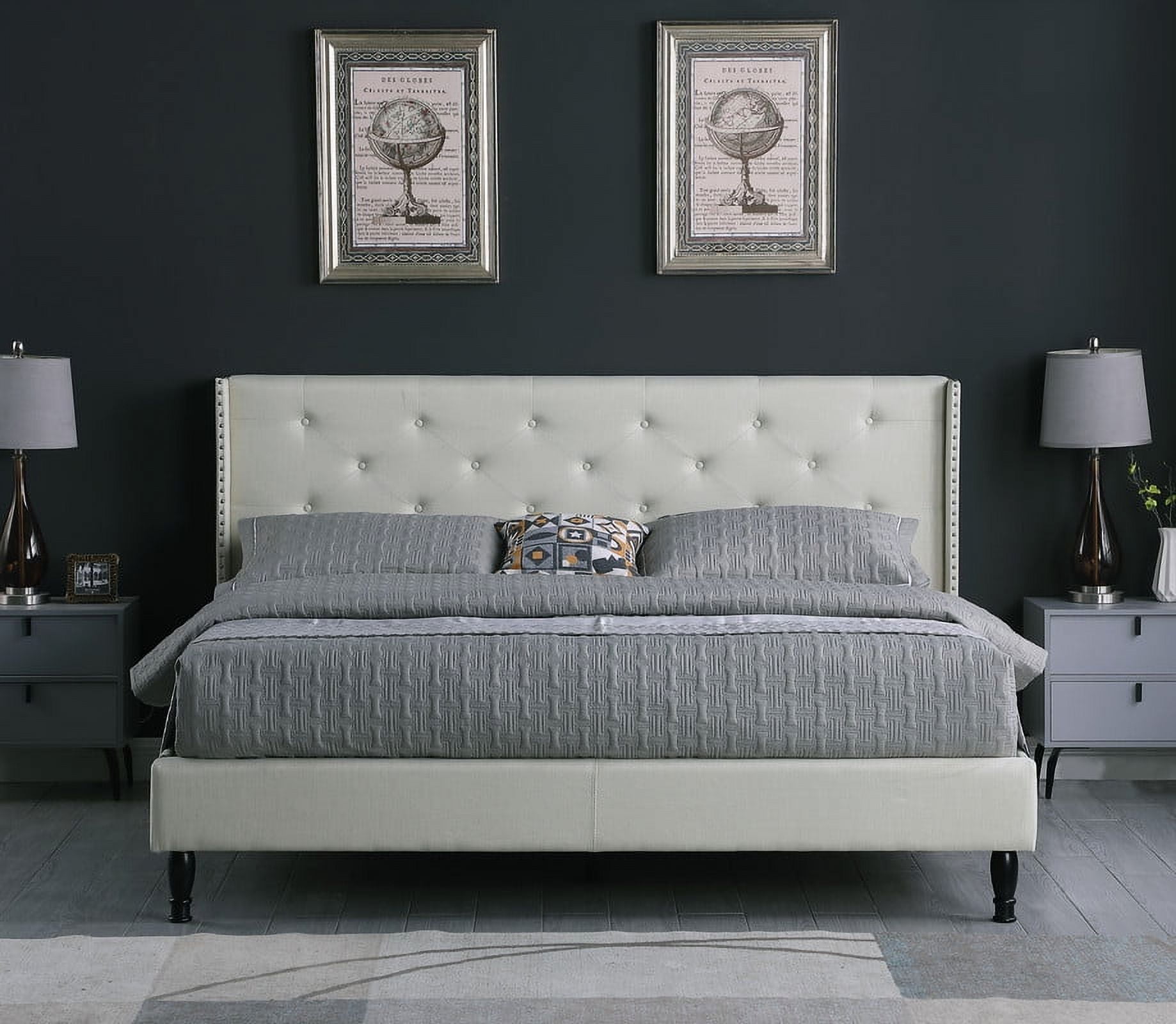 King Upholstered Platform Bed Frame with 45" Tall Headboard - Button ...