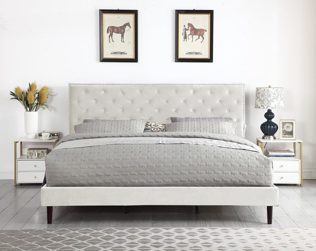 King Upholstered Platform Bed Frame with 48" Tall Adjustable Headboard - Button Tufted Suede Bed ...