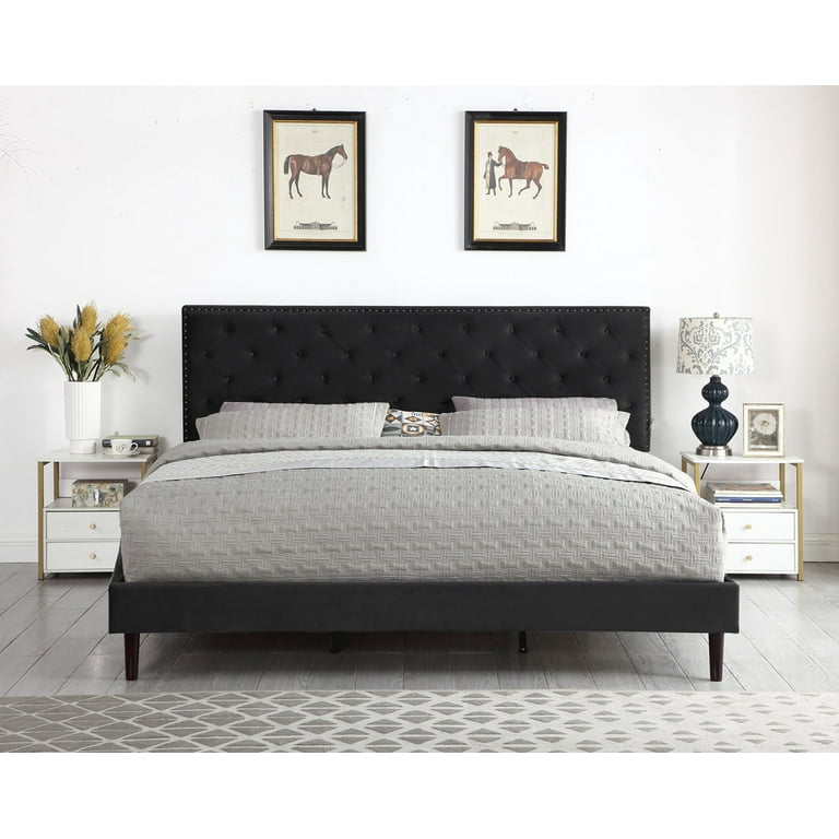King Upholstered Platform Bed Frame with 48 Tall Adjustable Headboard Button Tufted Suede Velour Bed Wood Slat Support with Storage Space No