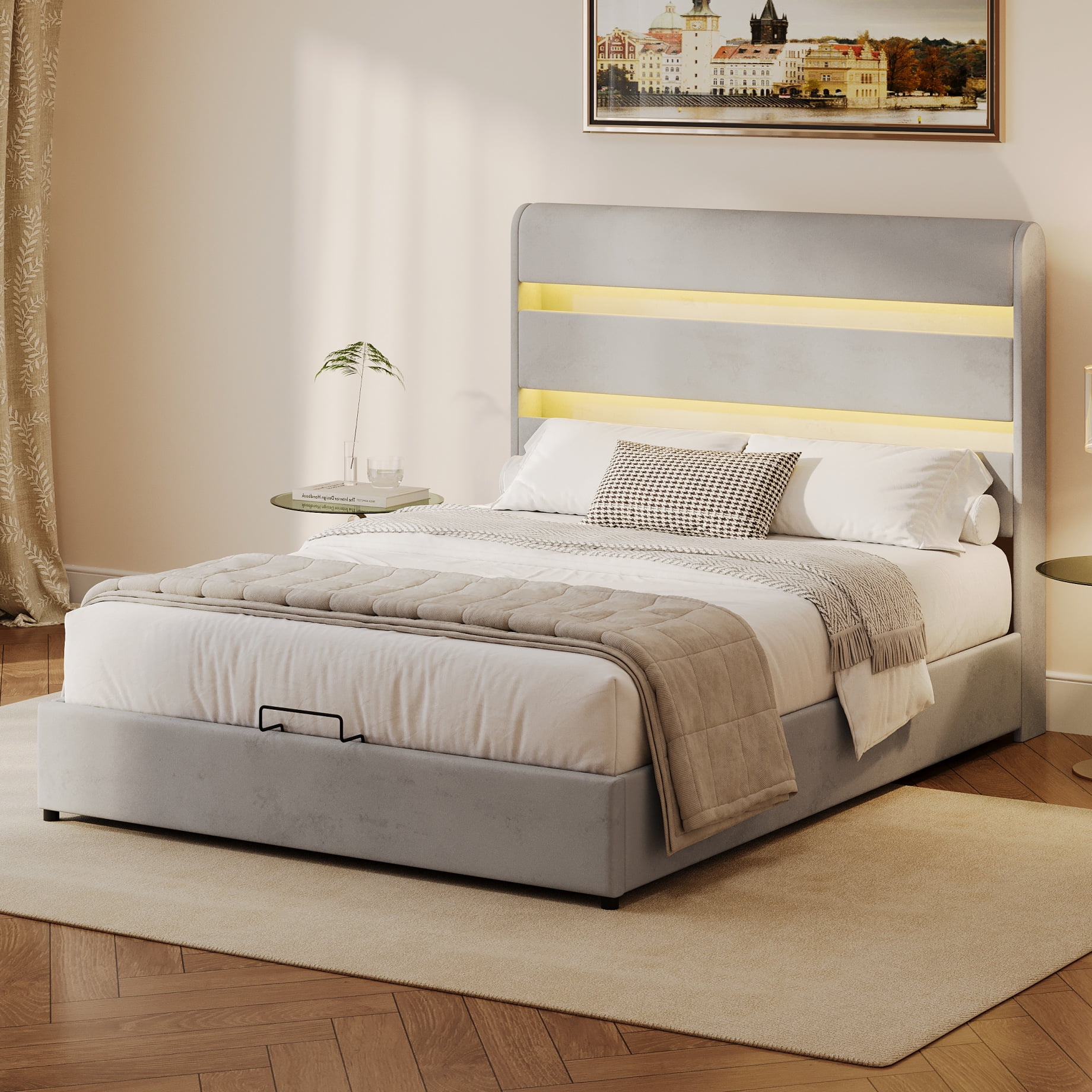 King Velvet Hydraulic Storage Bed, Lift Up Storage Upholstered Platform ...