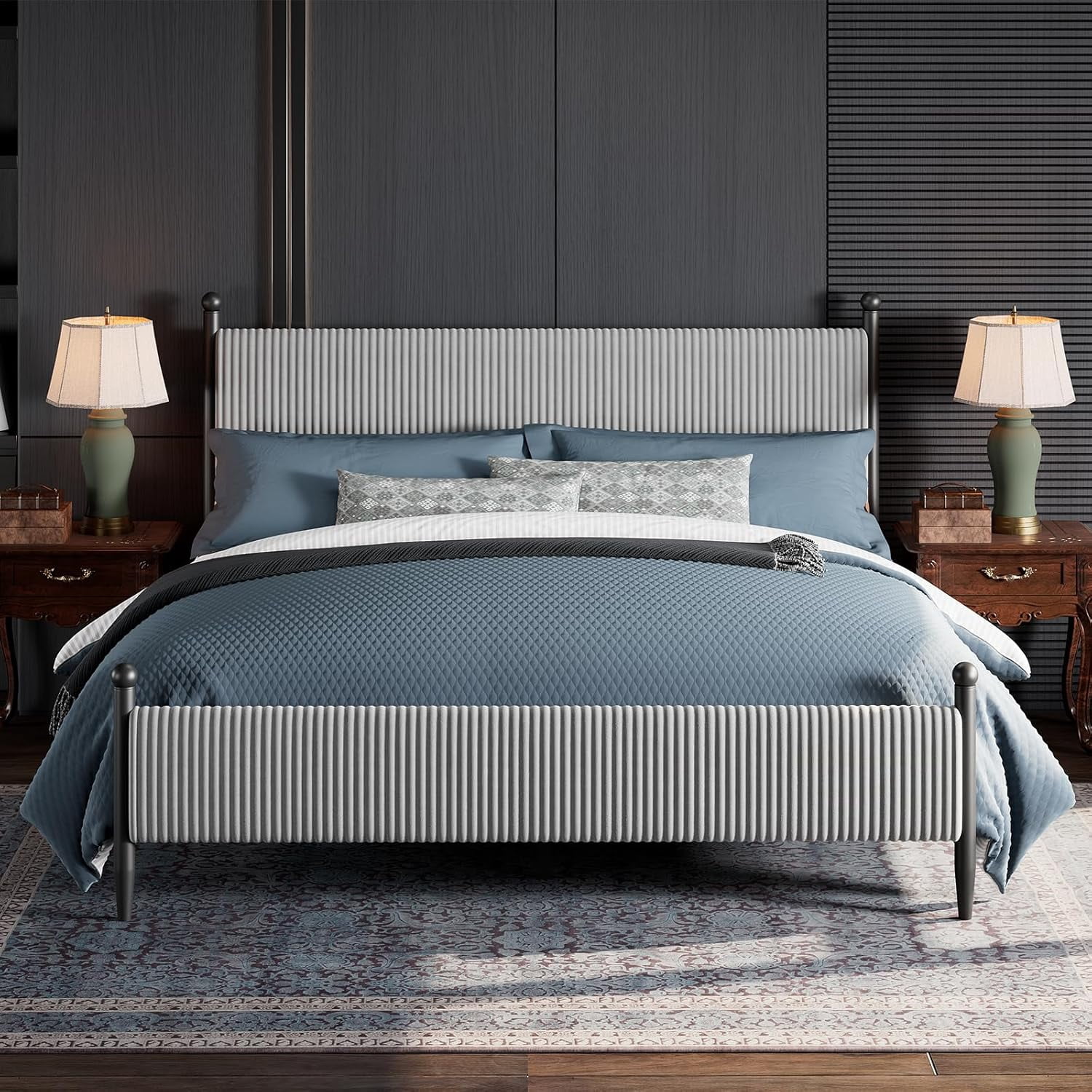 King Velvet Upholstered Bed Frame – Corduroy Fabric Platform, Sturdy ...