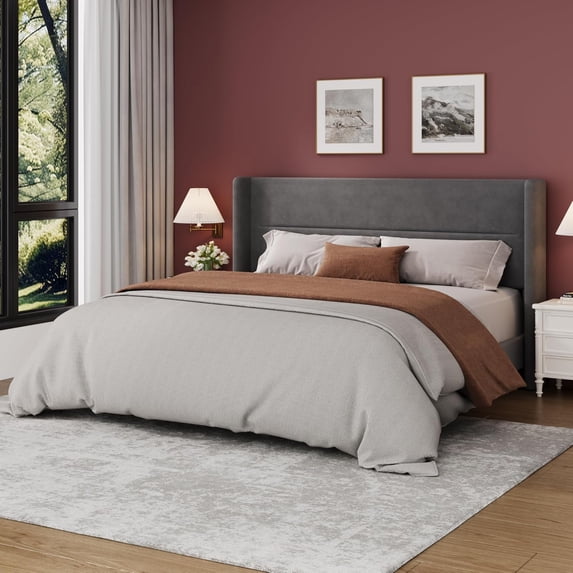King Velvet Upholstered Platform Bed Frame – Wingback Headboard, Wood ...
