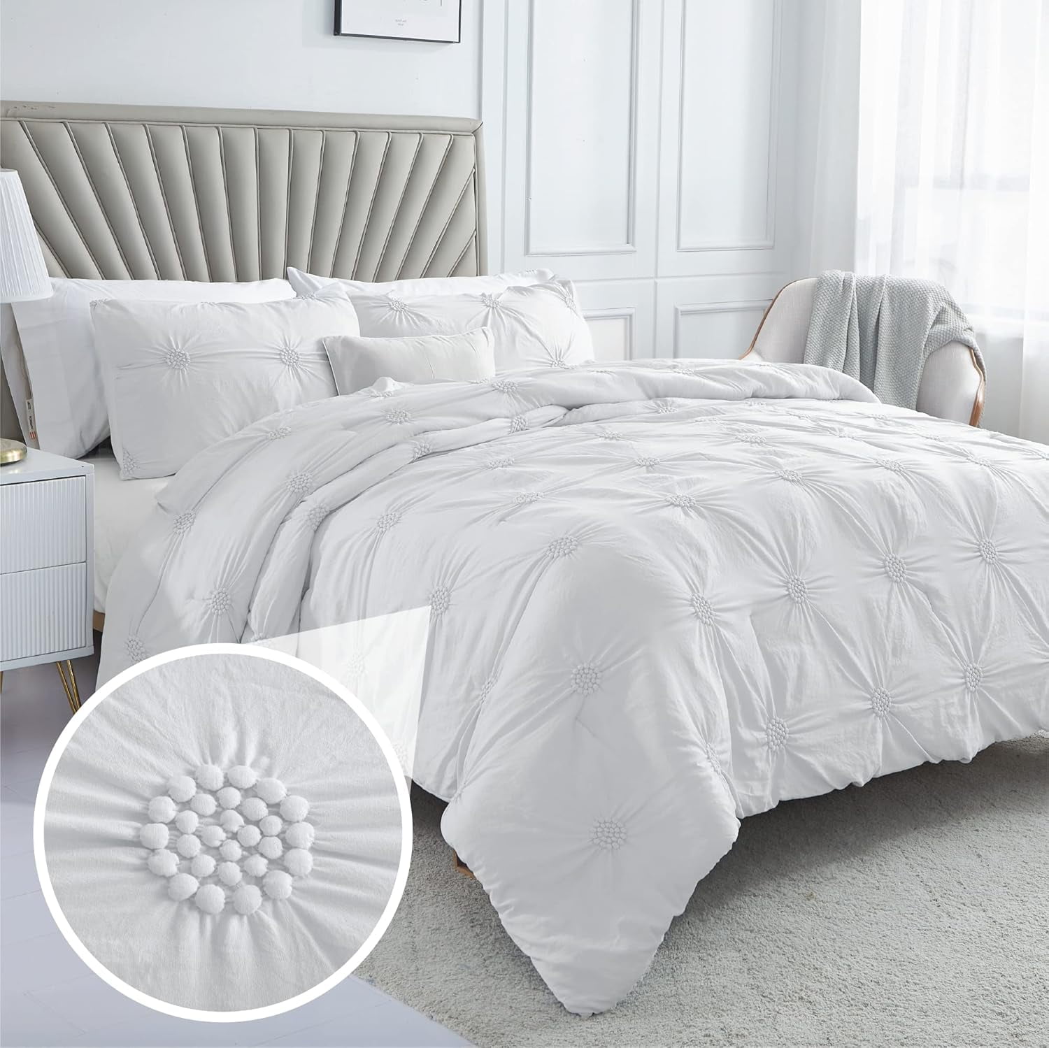 King White 3-Piece Down Alternative Comforter Set Bedding Ruched 3D ...