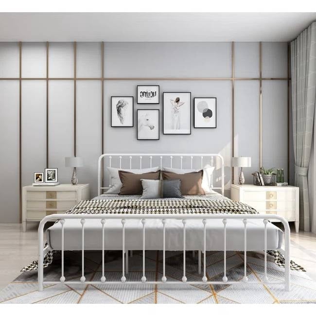 King White Metal Platform Bed Frame with Rounded Corners Headboard ...