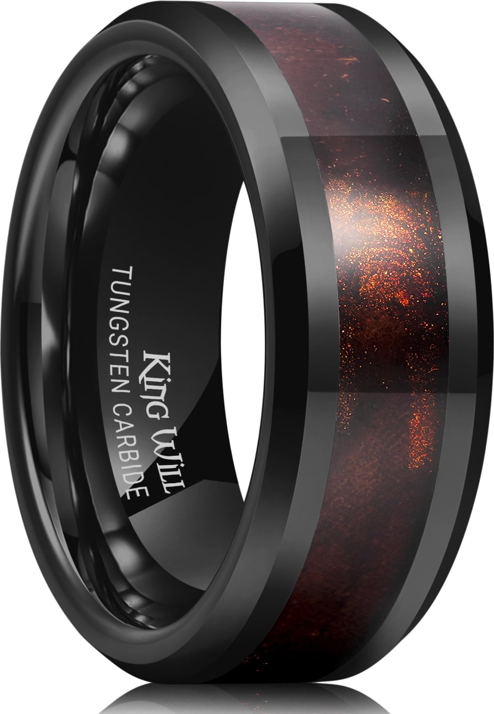 King Will 8mm Men's Black Wedding Band with Black Burl Wood & Dark ...