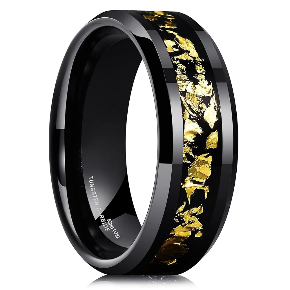 King Will GALAXY Mens 8mm Black Tungsten Carbide Wedding Ring with Gold ...