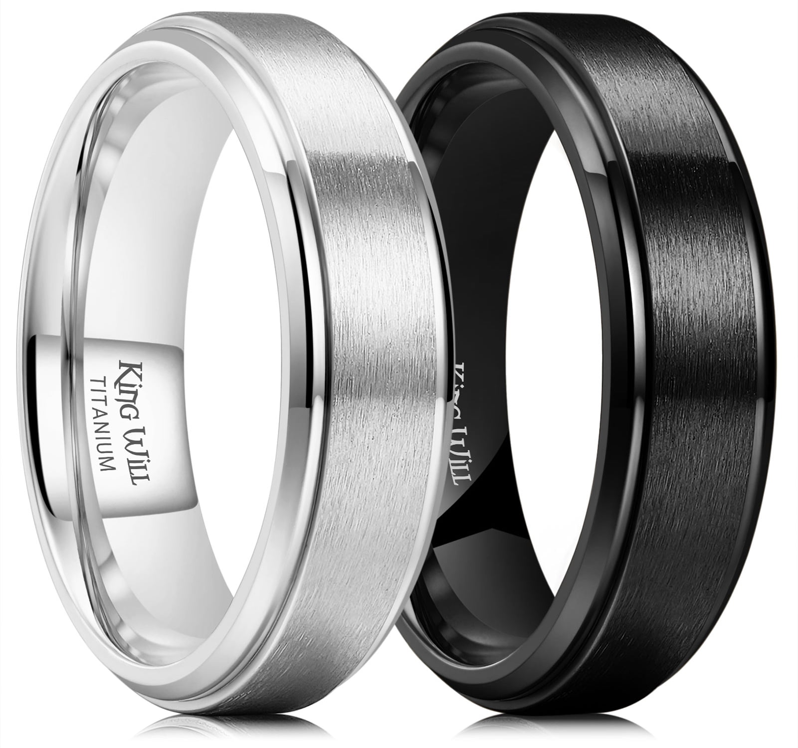 King Will Men's Black and Sliver Titanium Ring-6mm Polished Beveled ...