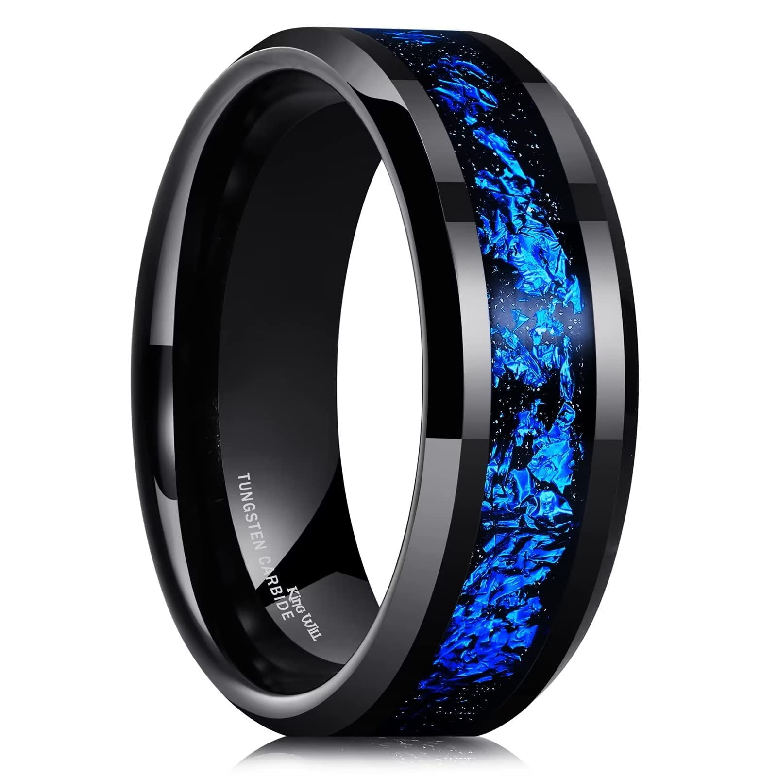 King Will GALAXY Mens 8mm Black Tungsten Carbide Wedding Ring with Blue ...