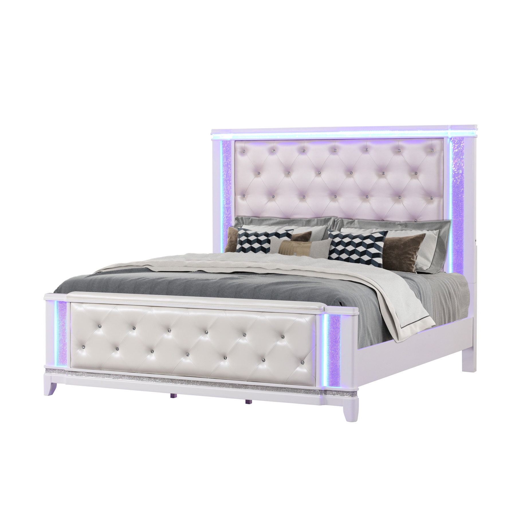 King bed with crystal-like lighted headboard and tufted footboard ...