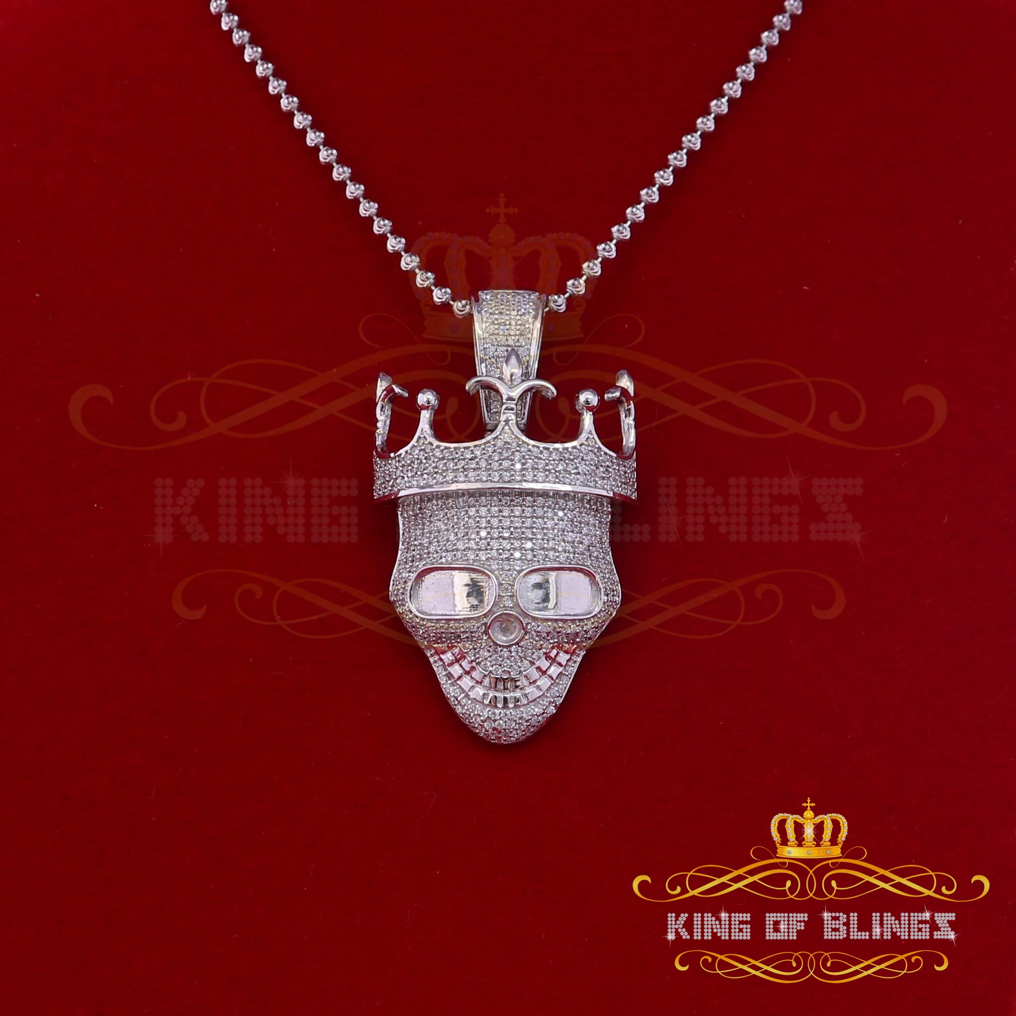 King of Bling's Sterling 925 Silver Skull Hat Shape White Necklace ...
