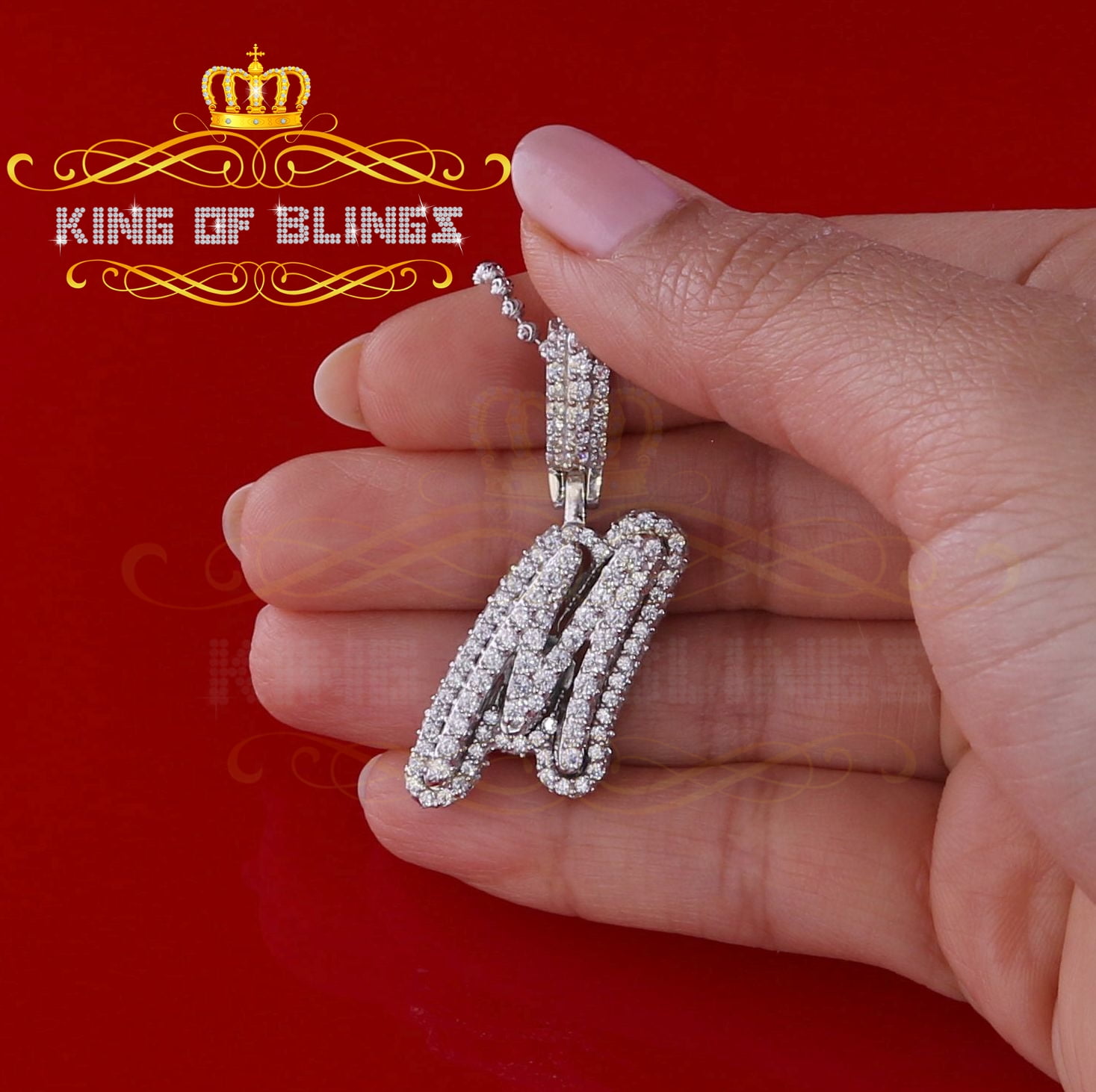 King of Bling's White 925 Silver 6.35ct CZ 3D letter Cursive Initial 'M ...