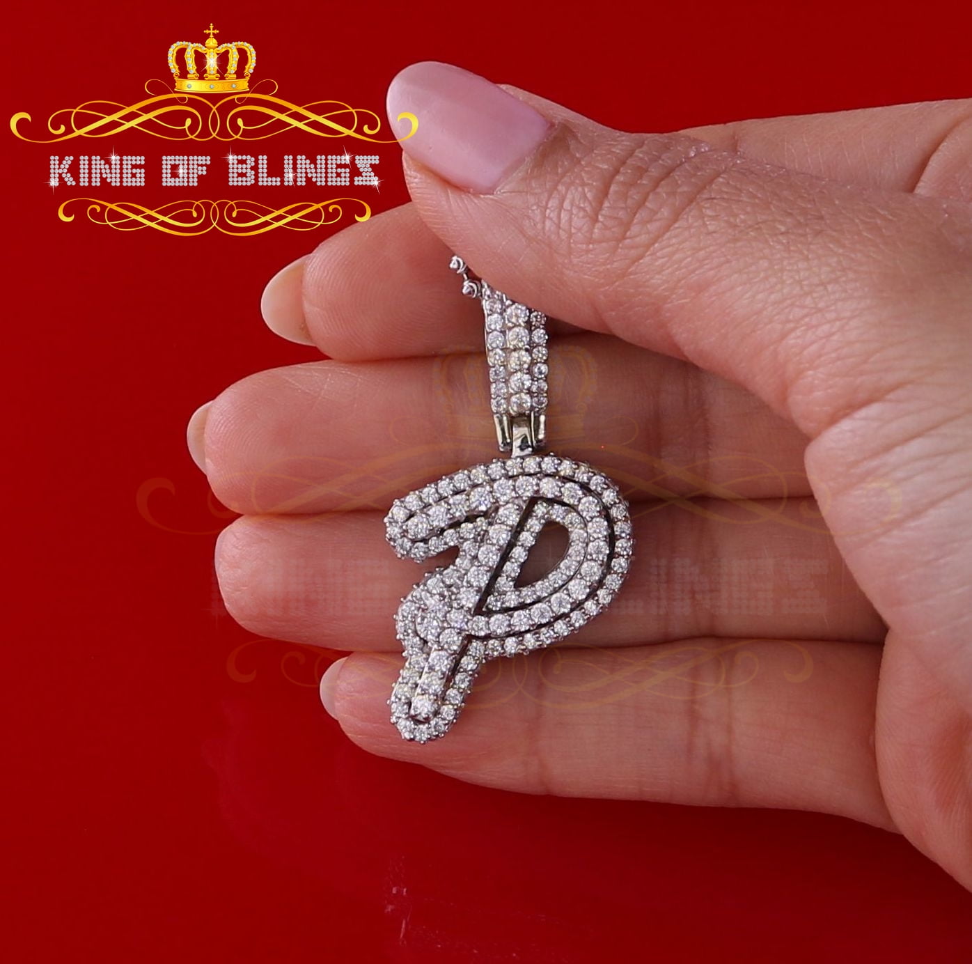 King of Bling's White 925 Silver 8.69ct CZ 3D letter Cursive Initial 'P ...