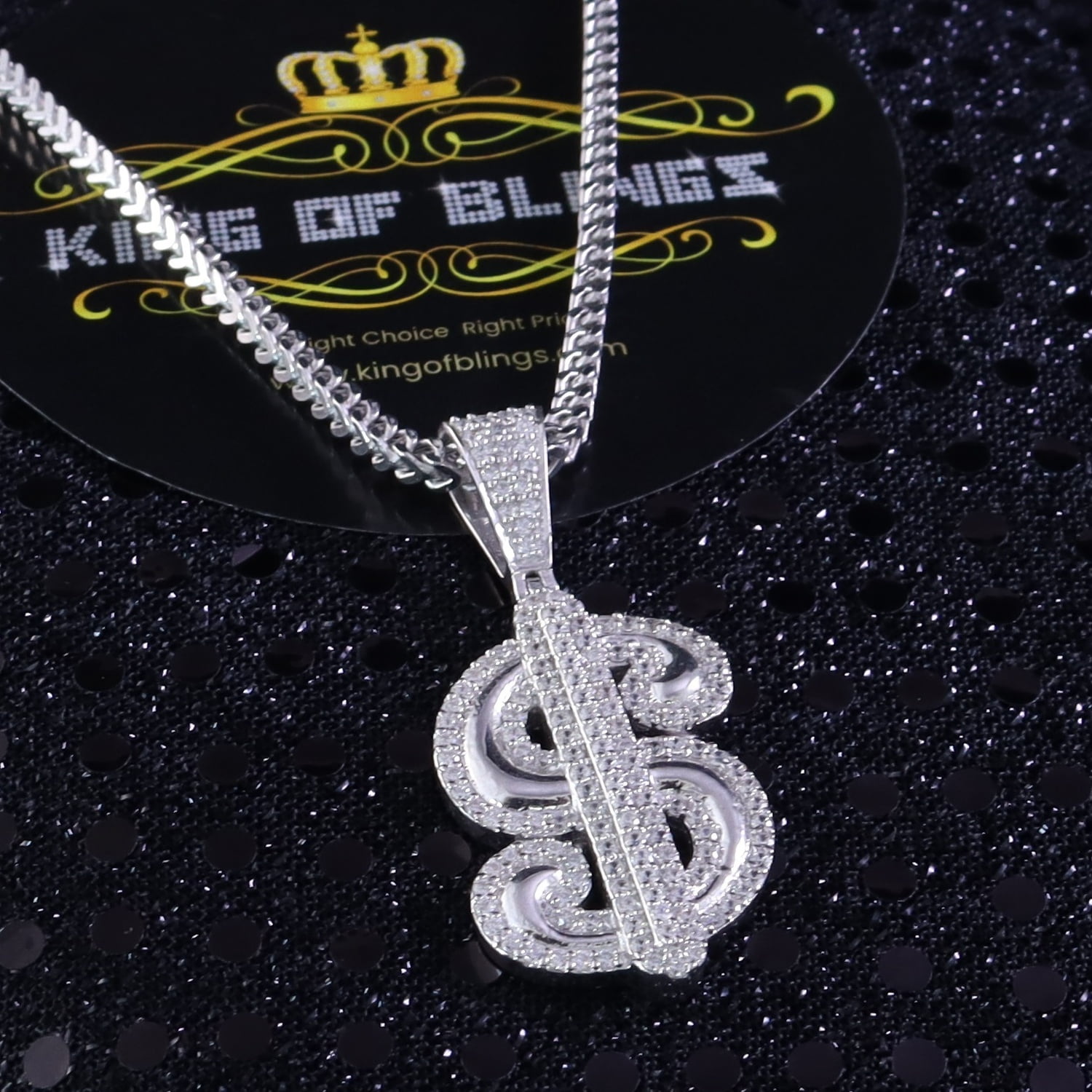 King of Bling's White 925 Sterling Silver Dollar Sign Pendant with 3 ...