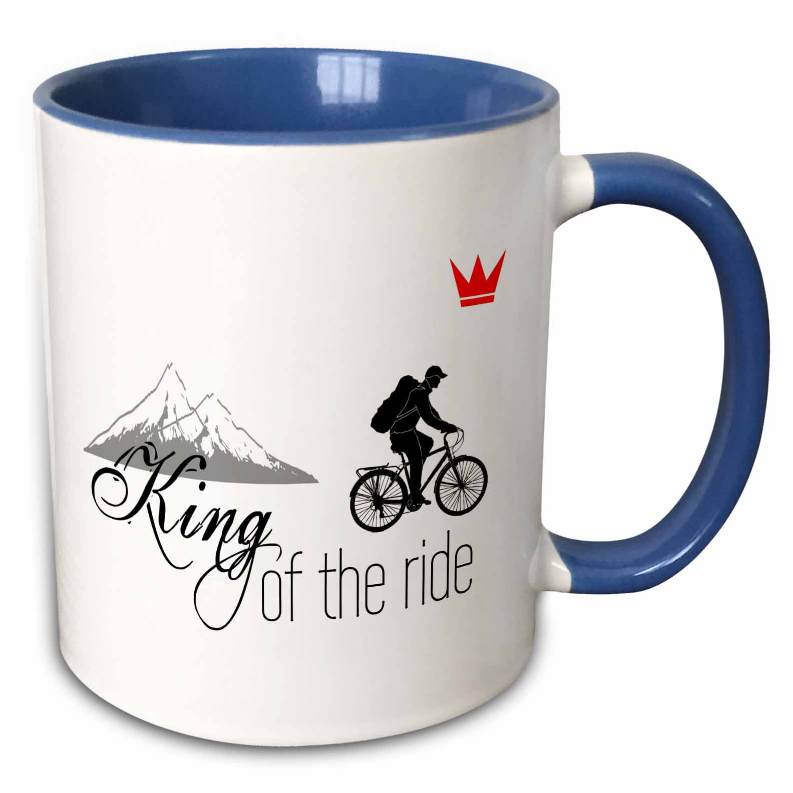 King of the ride. Male bicycle rider, red crown, mountains on white ...