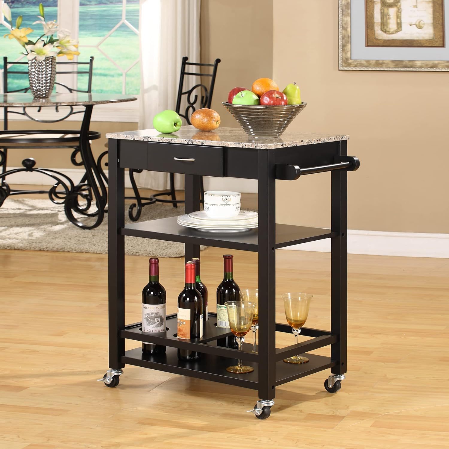 King's Brand Faux Marble with Wood Kitchen Buffet Serving Cart, Black ...