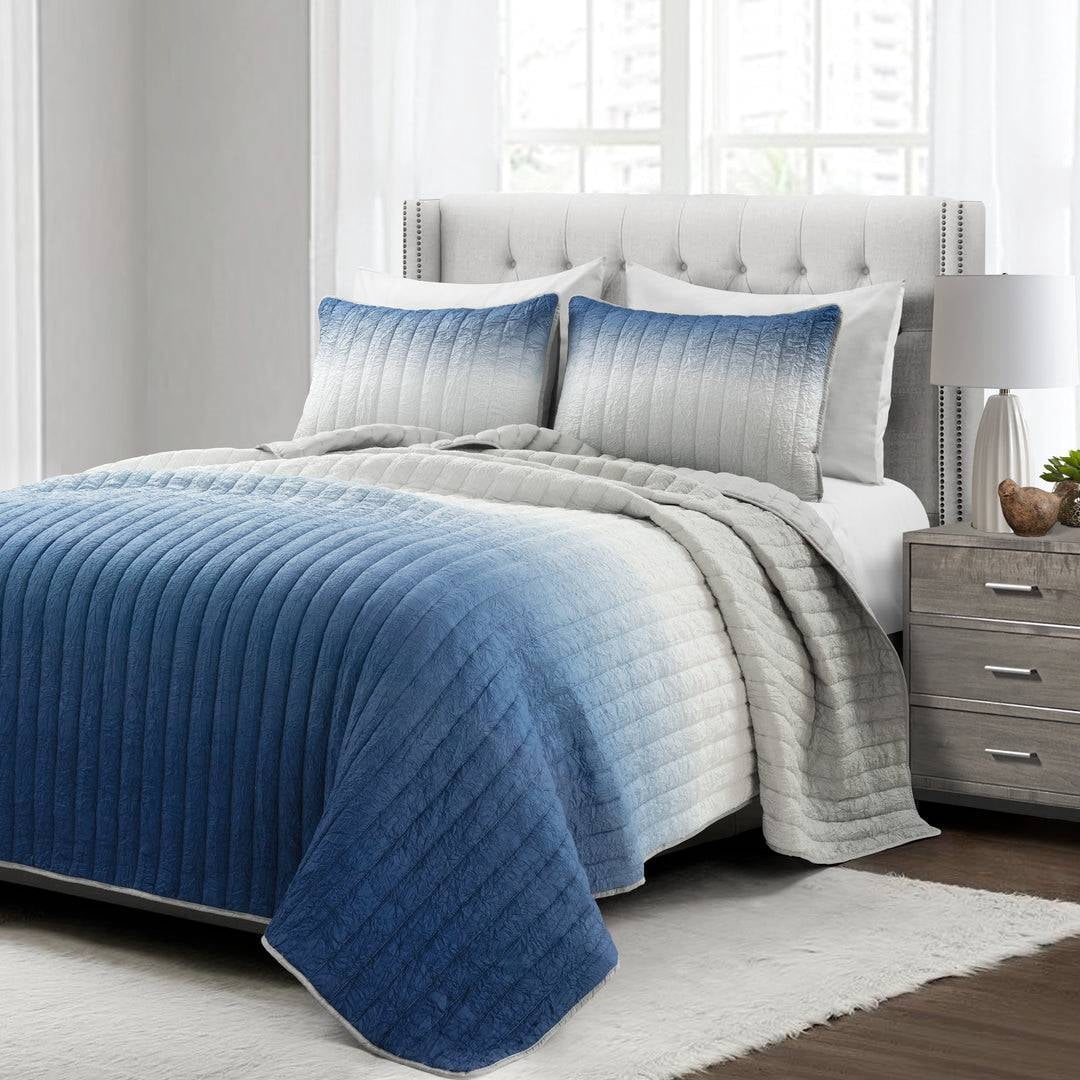 King size Blue Grey Lightweight Crinkle Fabric 3 Piece Quilt Set ...