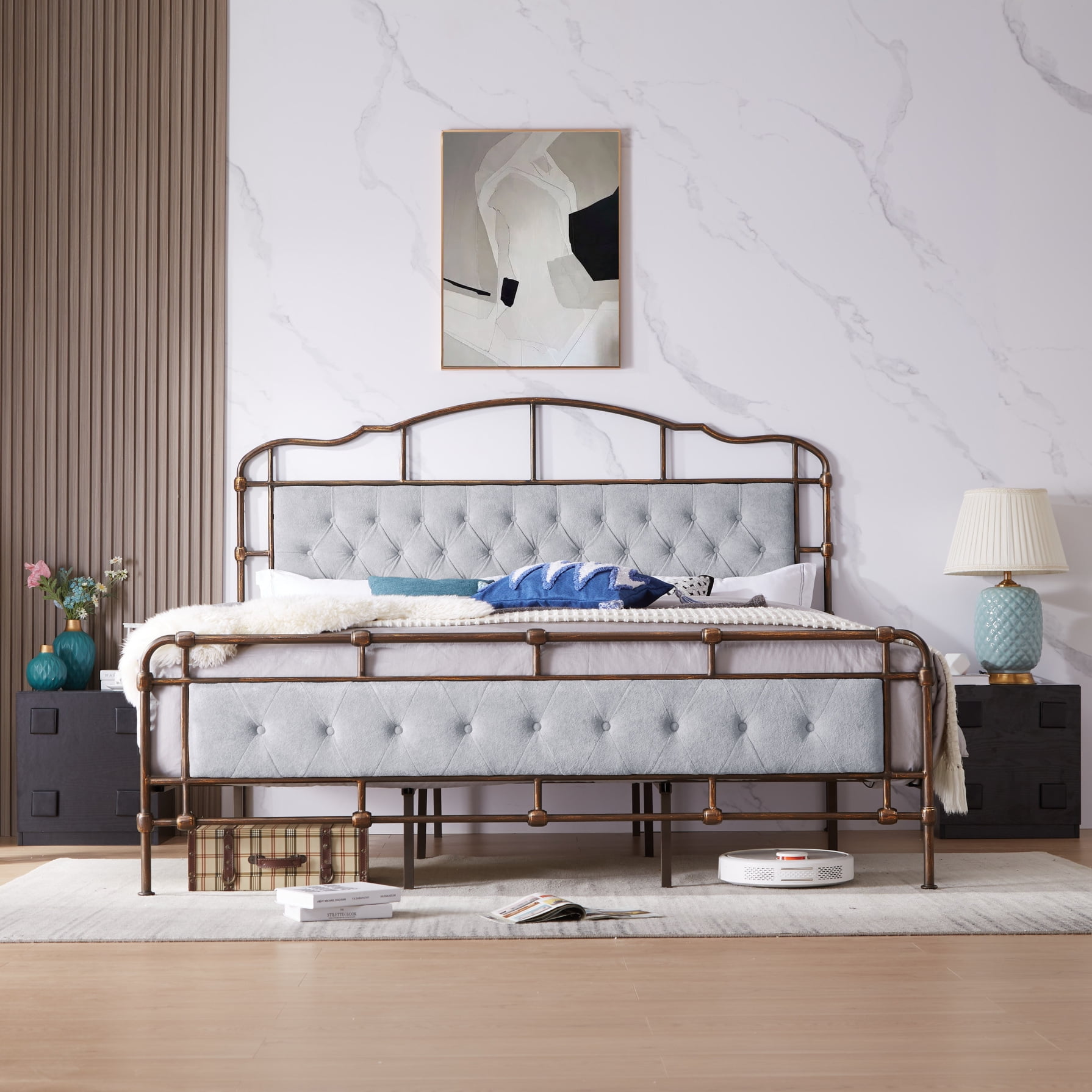 King size High Boad Bed, Metal Bed Frame with Velvet Headboard and ...