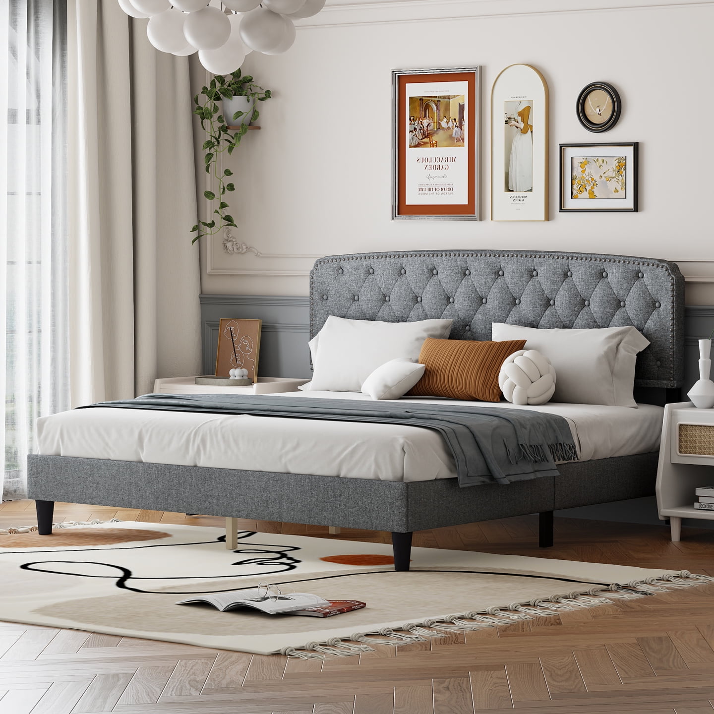 King size Upholstered Platform Bed with Adjustable Headboard, Linen ...