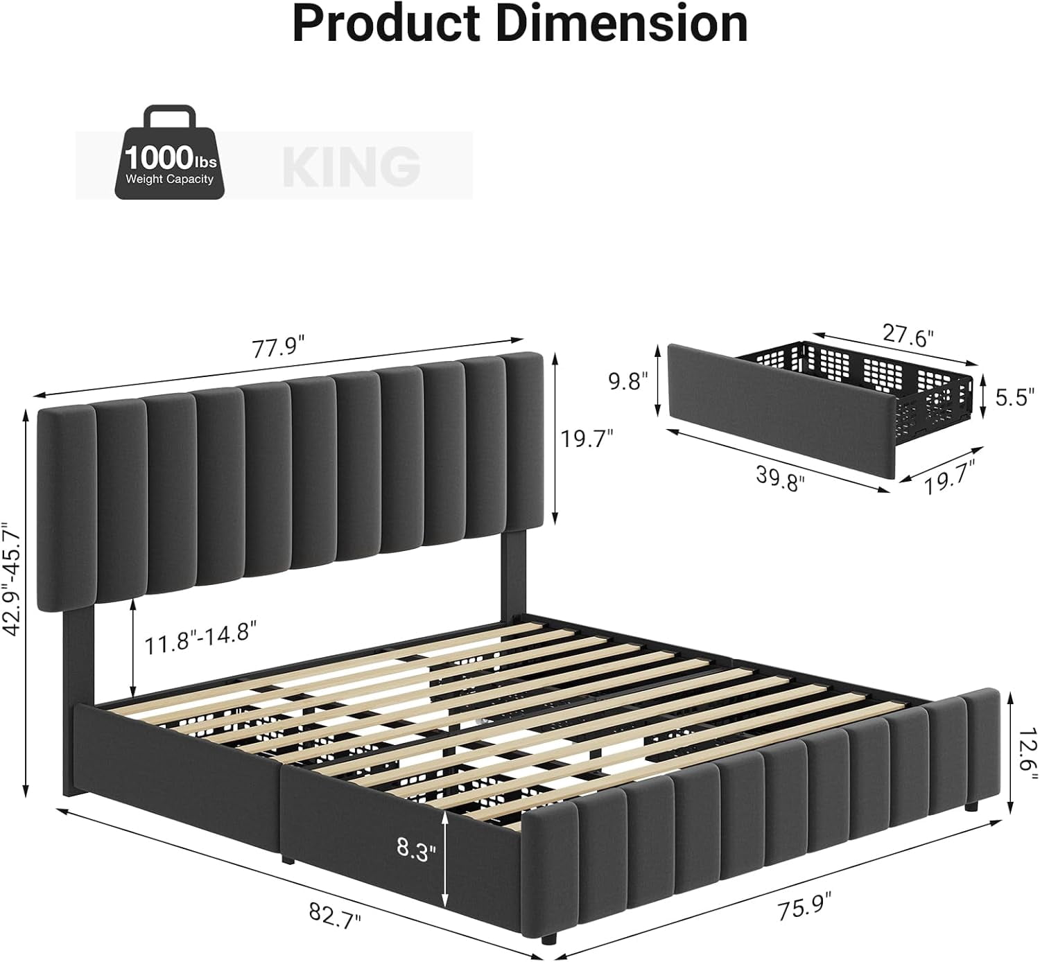 King size Vertical Soft-Covered Plastic Drawer Bed, Adjustable Height ...