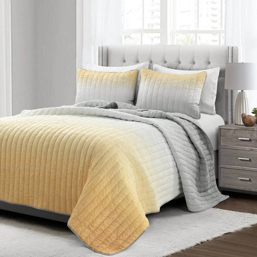 King size Yellow Orange Grey Lightweight Crinkle Fabric 3 Piece Quilt ...