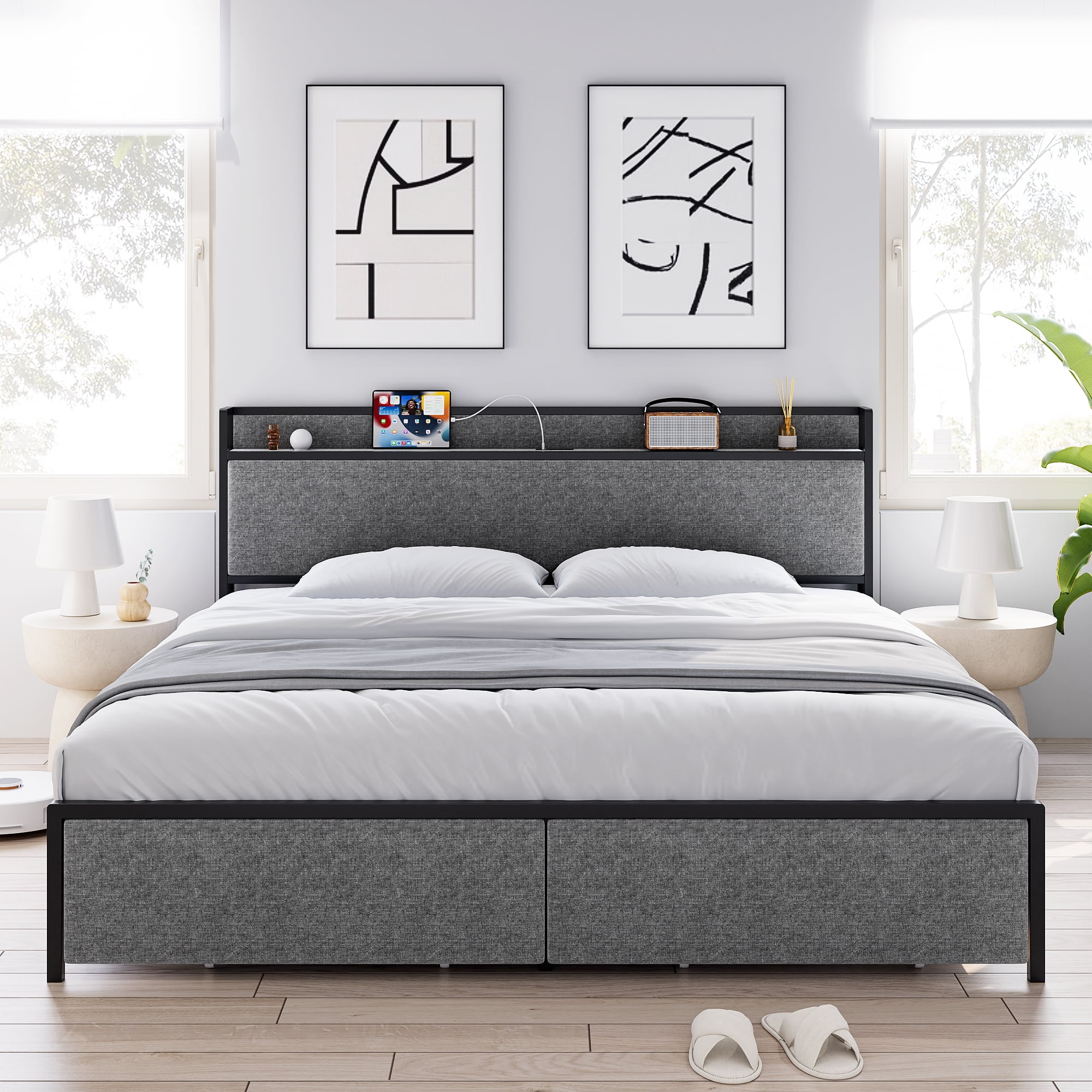 King size metal bed frame, Upholstered Headboard in dark gray linen ...