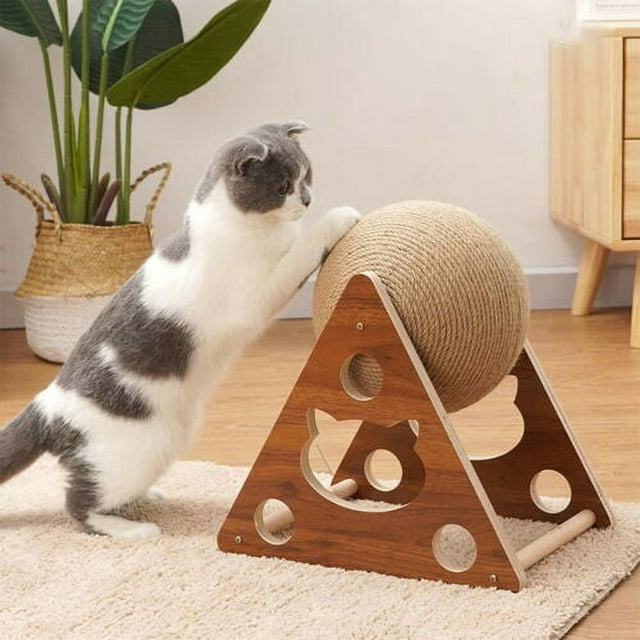 KingFurt Natural Sisal Round Kitten Scratcher Toy, Solid Wood ...