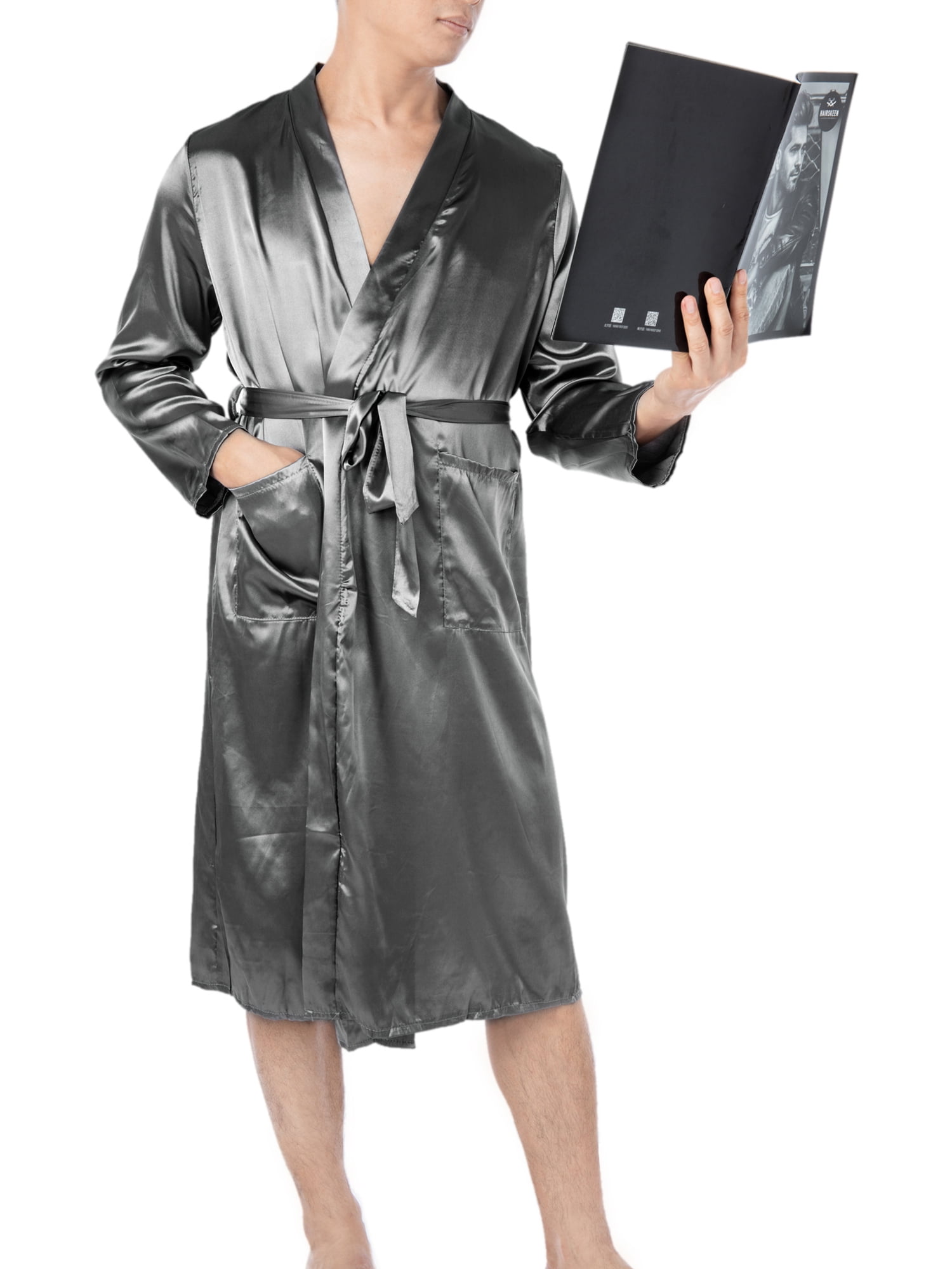 KingShop Men's Pajama Robes V Neck Satin Robe Kimono Long Sleeve ...