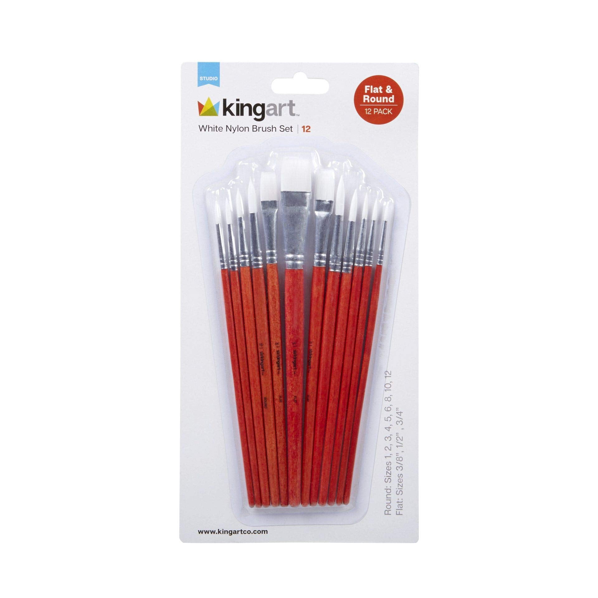 Kingart Studio Brush Set, White Nylon Round & Flat Brushes, Set of 12 ...