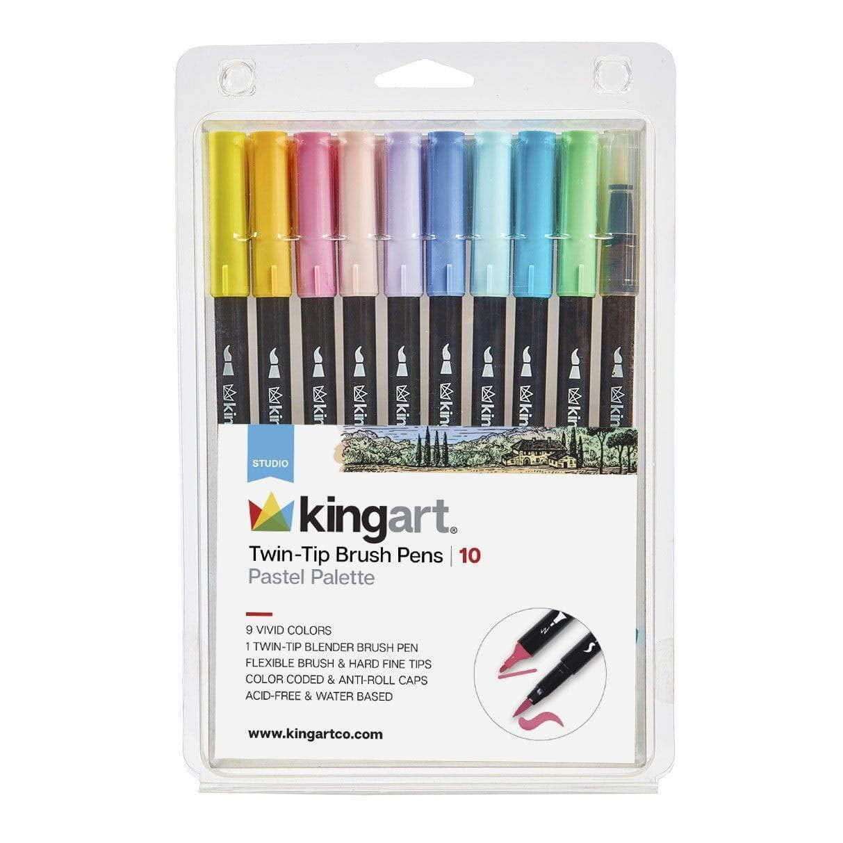 Kingart Studio, Twin-Tip Brush Pens, Set of 10 Pastel Colors & Blender ...