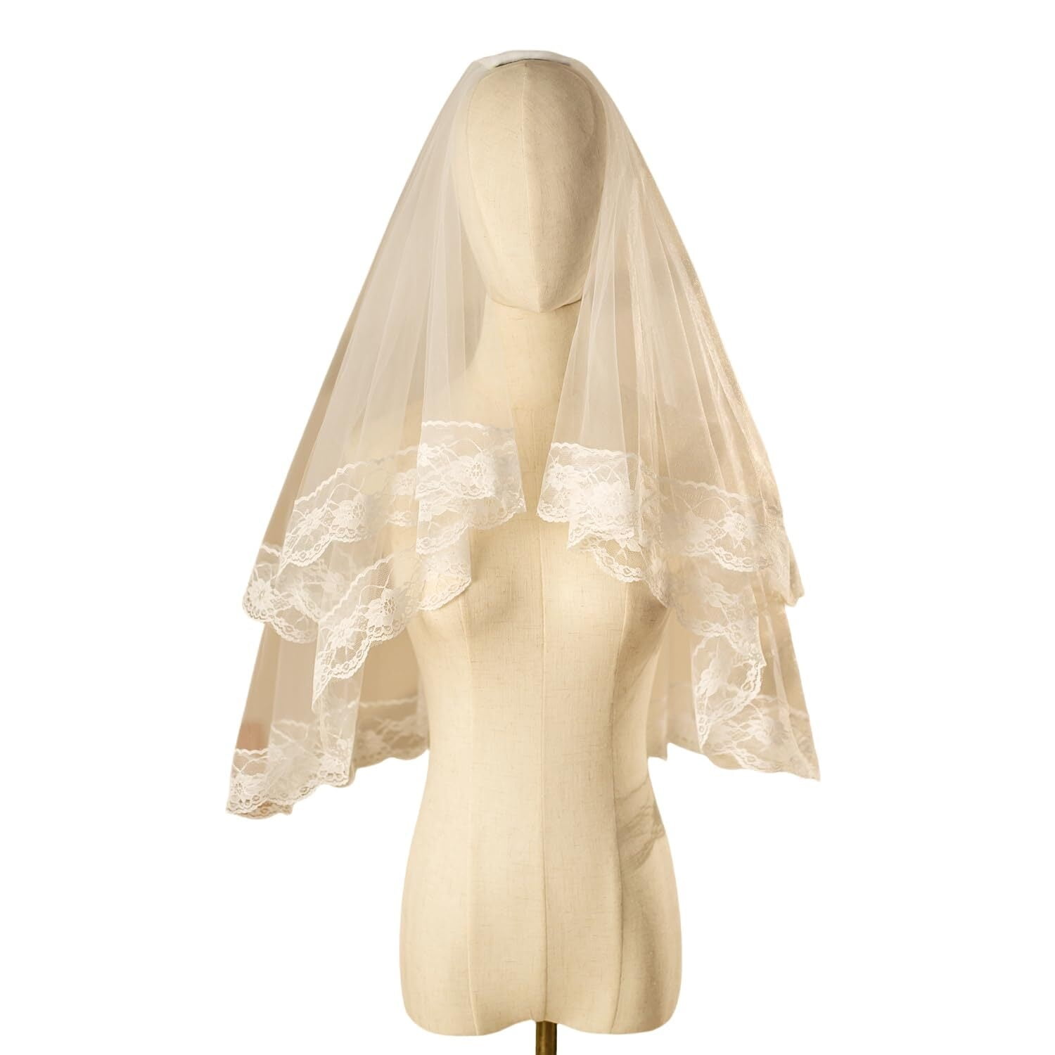 Kingbridal Short 2 Tier Tulle Lace Bridal Veil Ribbon Satin Edge ...