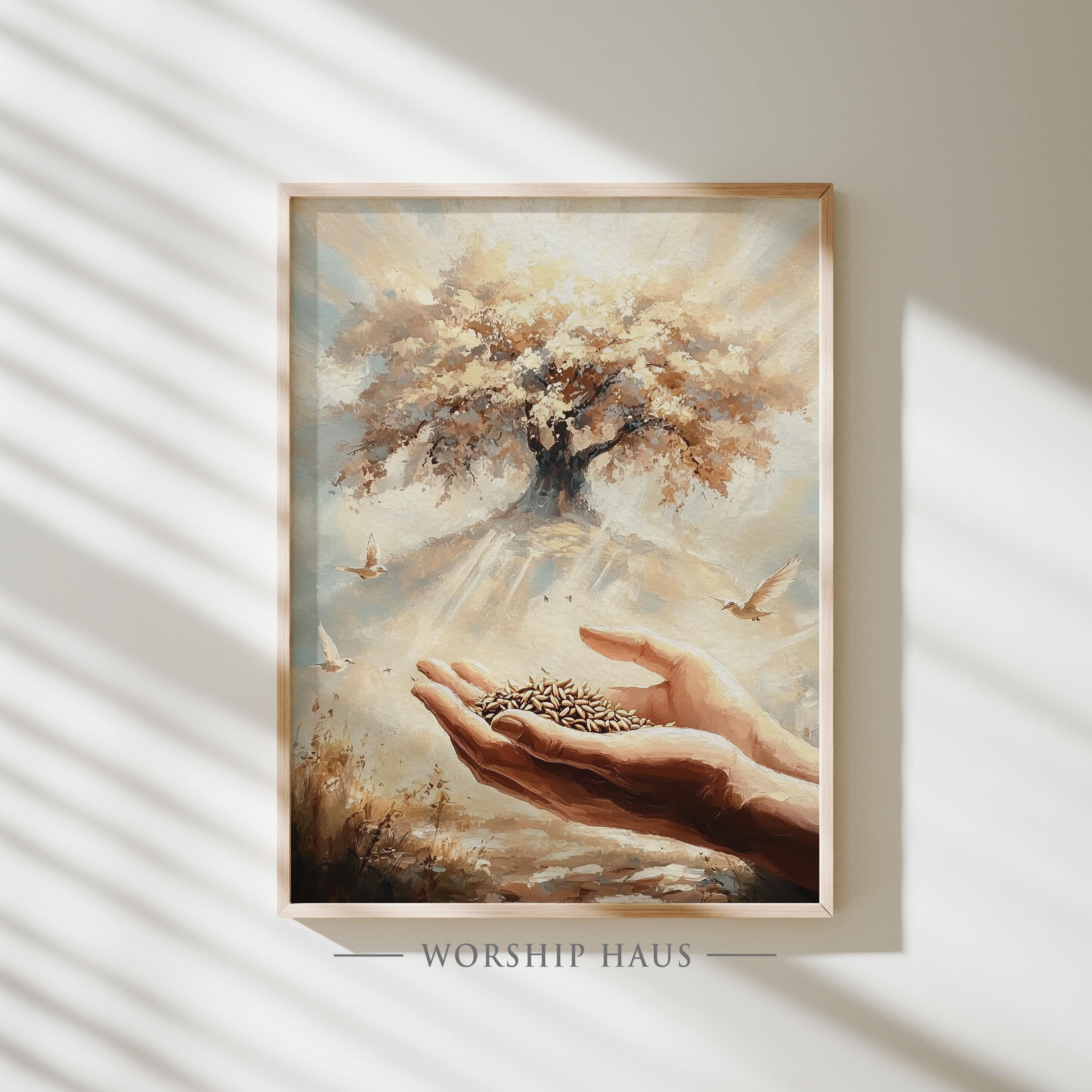 Kingdom Like Mustard Seed Christian Art Parable Of Growth Scene Hand ...