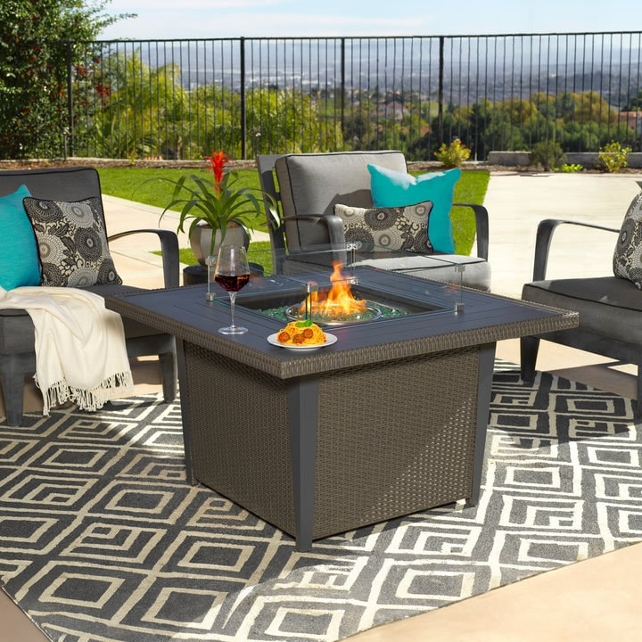 Kinger Home Ethan Rattan 42" Propane Gas Fire Pit Table Aluminum Frame Brown Bronze Finish ...