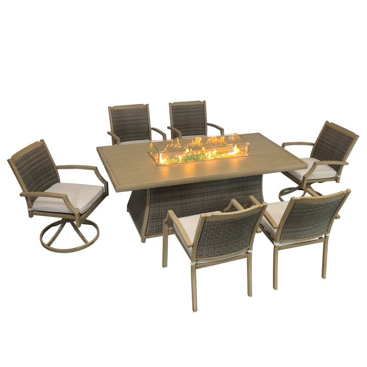 Kinger Home Isla Rattan 7-Piece Patio Set 76" Propane Fire Pit Table ...