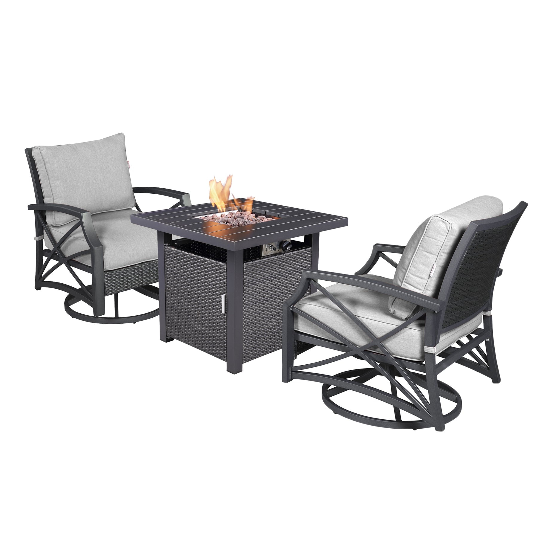 Kinger Home Lark Propane Fire Pit Table Set for Patio, Rattan Wicker (50,000 BTU) 3PC/Grey/Grey ...
