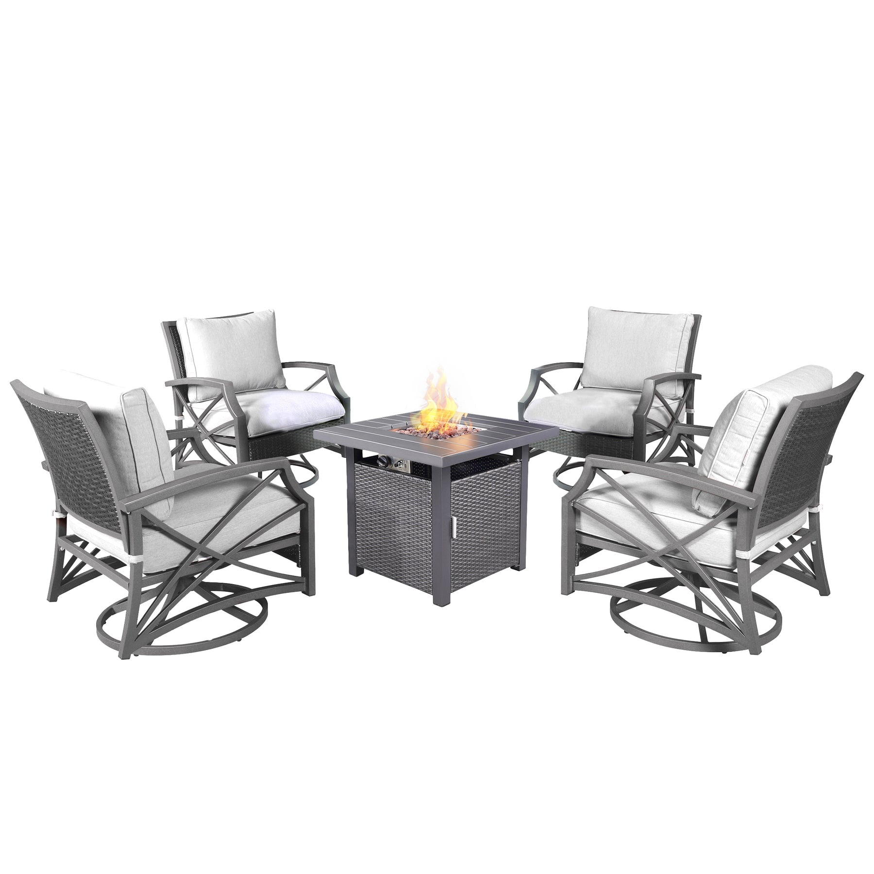 Kinger Home Lark Propane Fire Pit Table Set for Patio, Rattan Wicker (50,000 BTU) 5PC/Grey/Grey ...