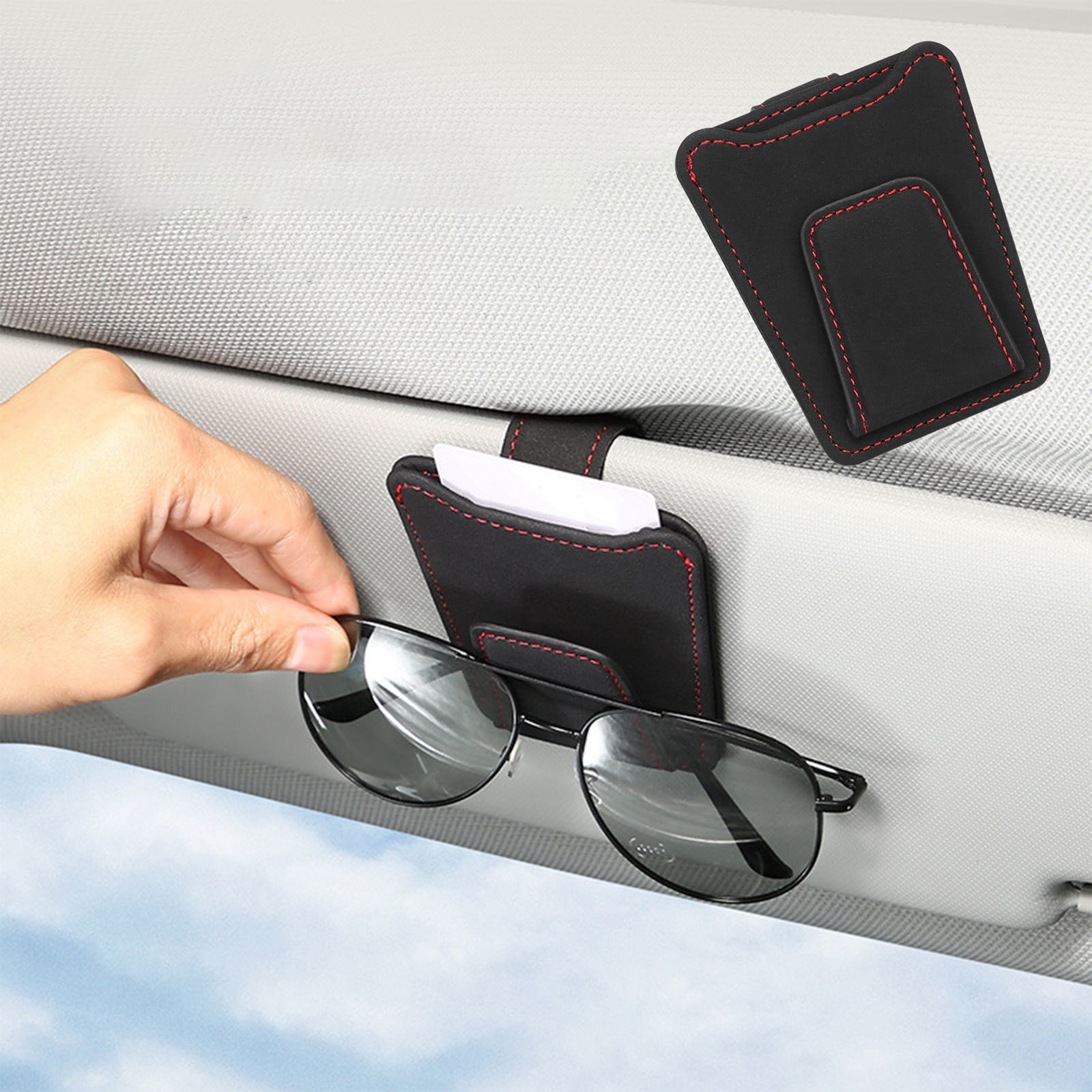 Kingfansion Suede Leather Car Visor Clip With Card Holder, Sunglasses ...