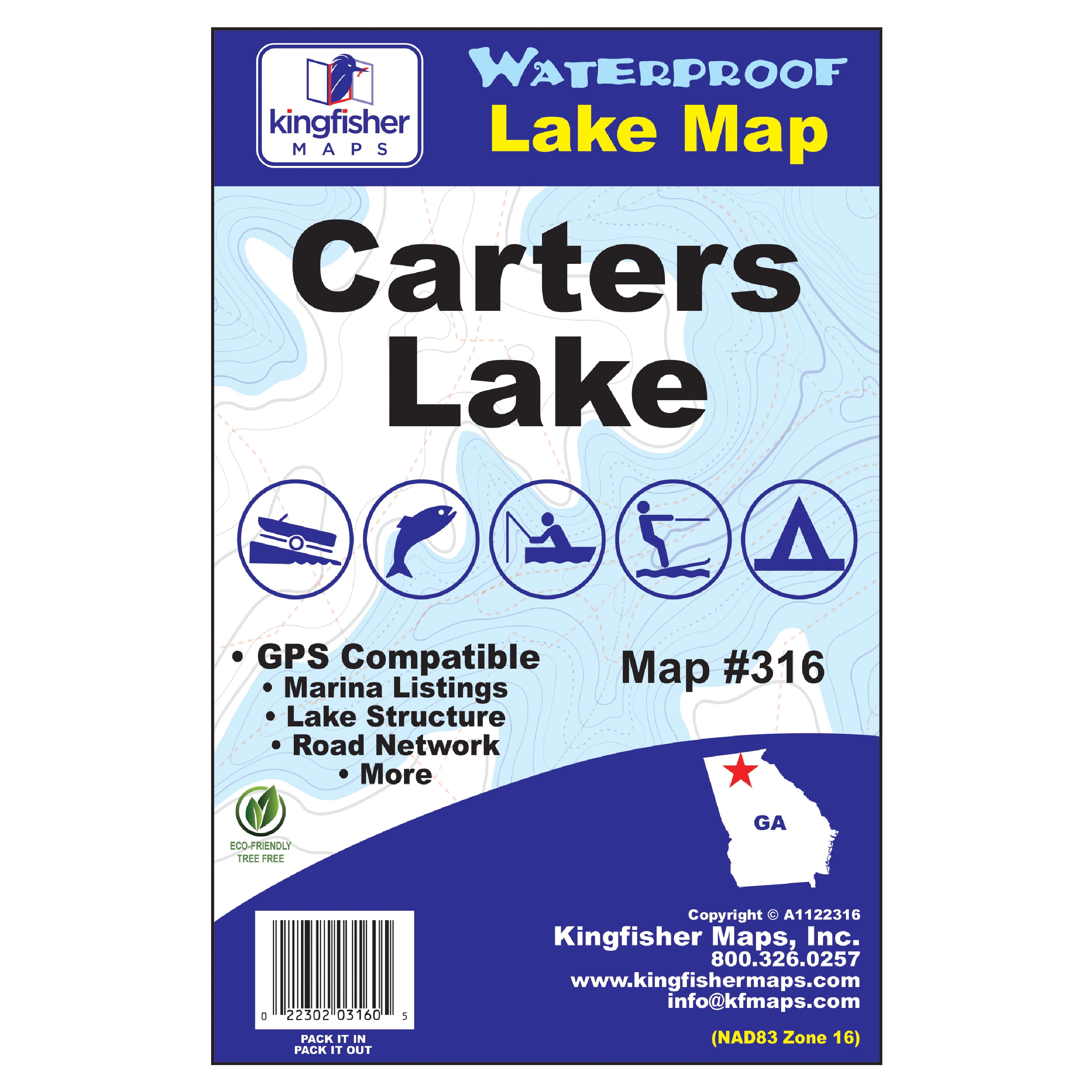 Kingfisher Maps Waterproof Lake Map Carters Lake Georgia, 24” x 36” 0 ...