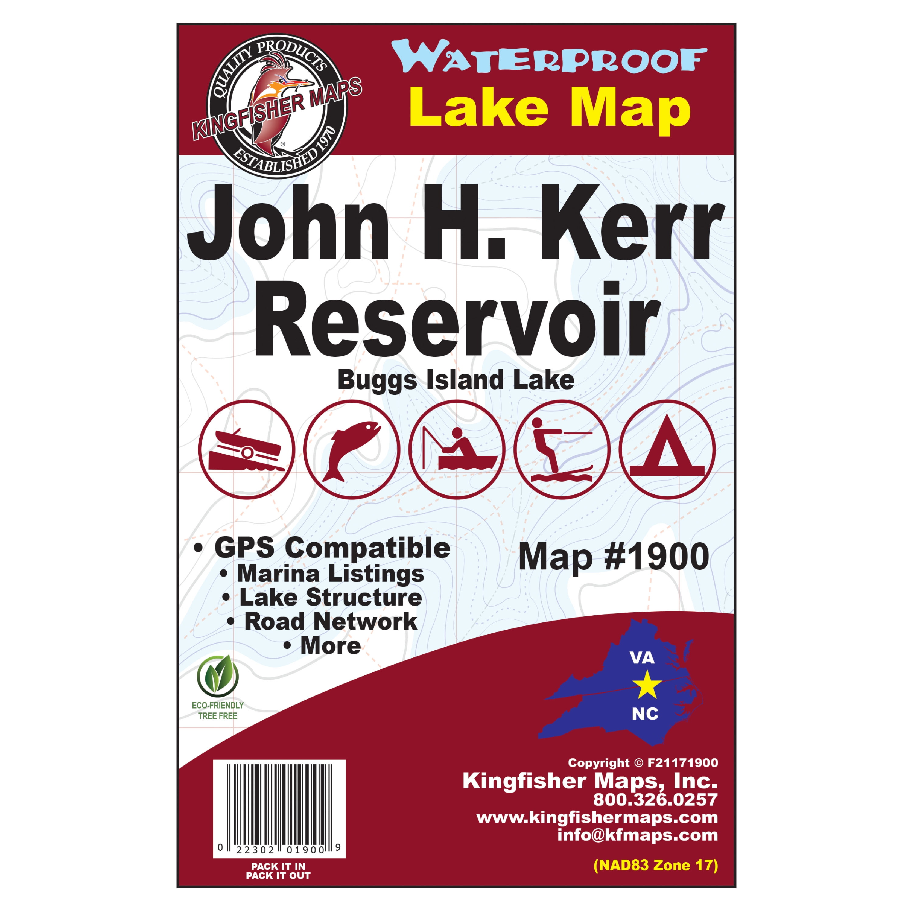 Kingfisher Maps Waterproof Lake Map John H Kerr Reservoir NC & VA, 24 ...