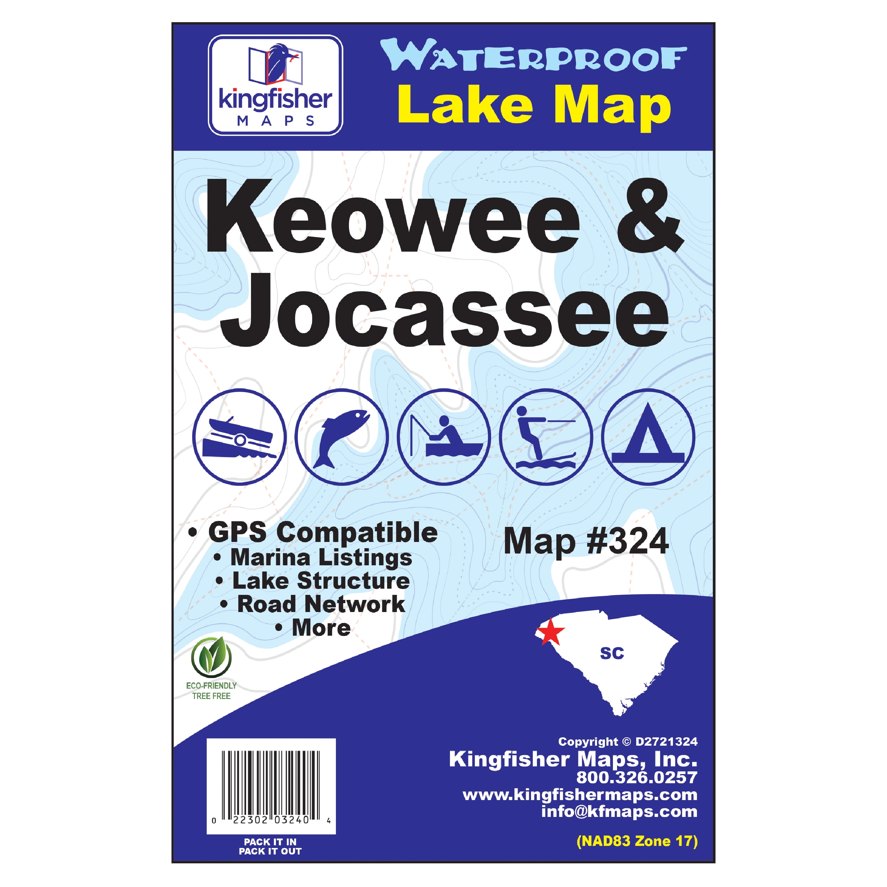 Kingfisher Maps Waterproof Lake Map Keowee & Jocassee SC, 24"x36" 0.2lb ...
