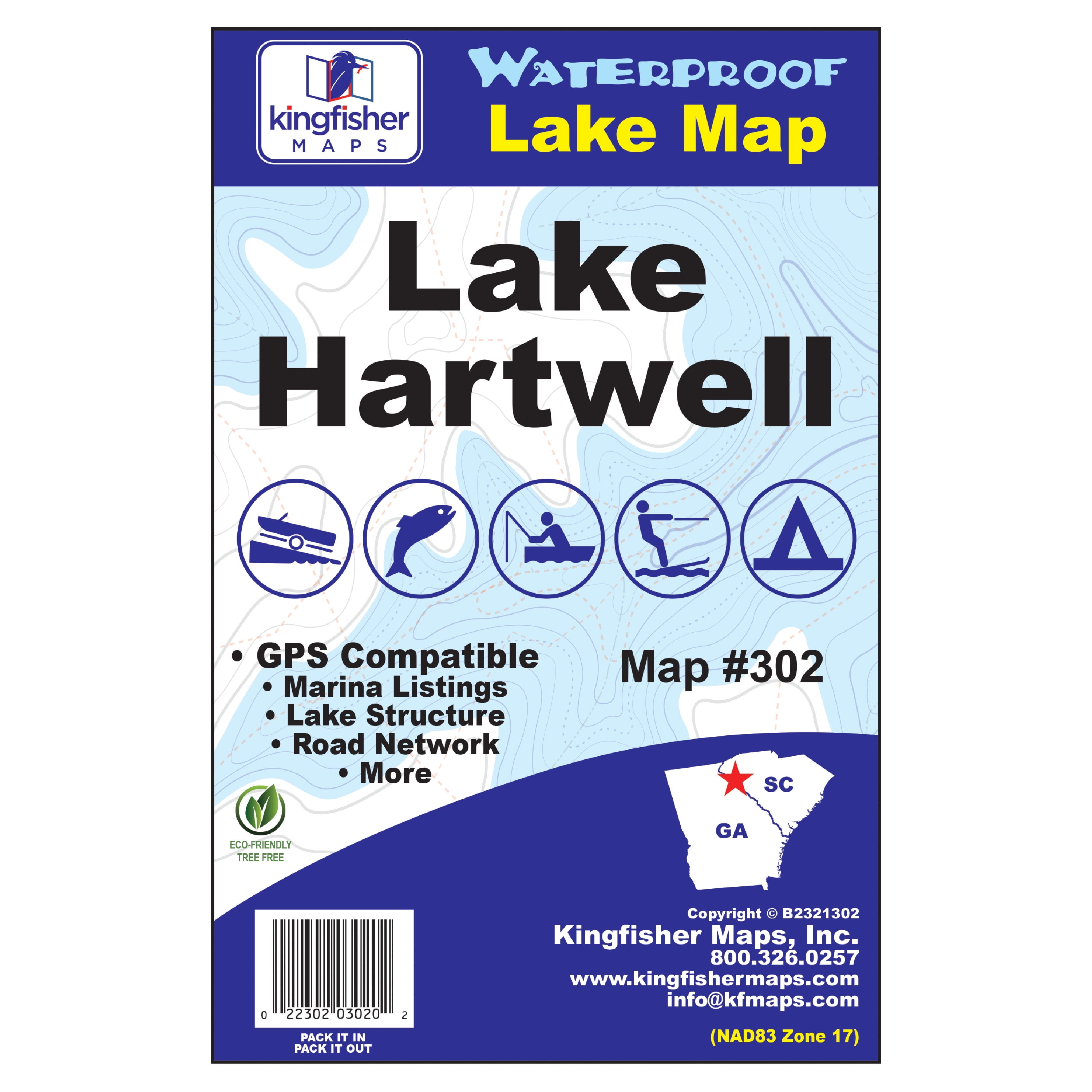Kingfisher Maps Waterproof Lake Map Lake Hartwell GA & SC, 25” x 38” 0 ...