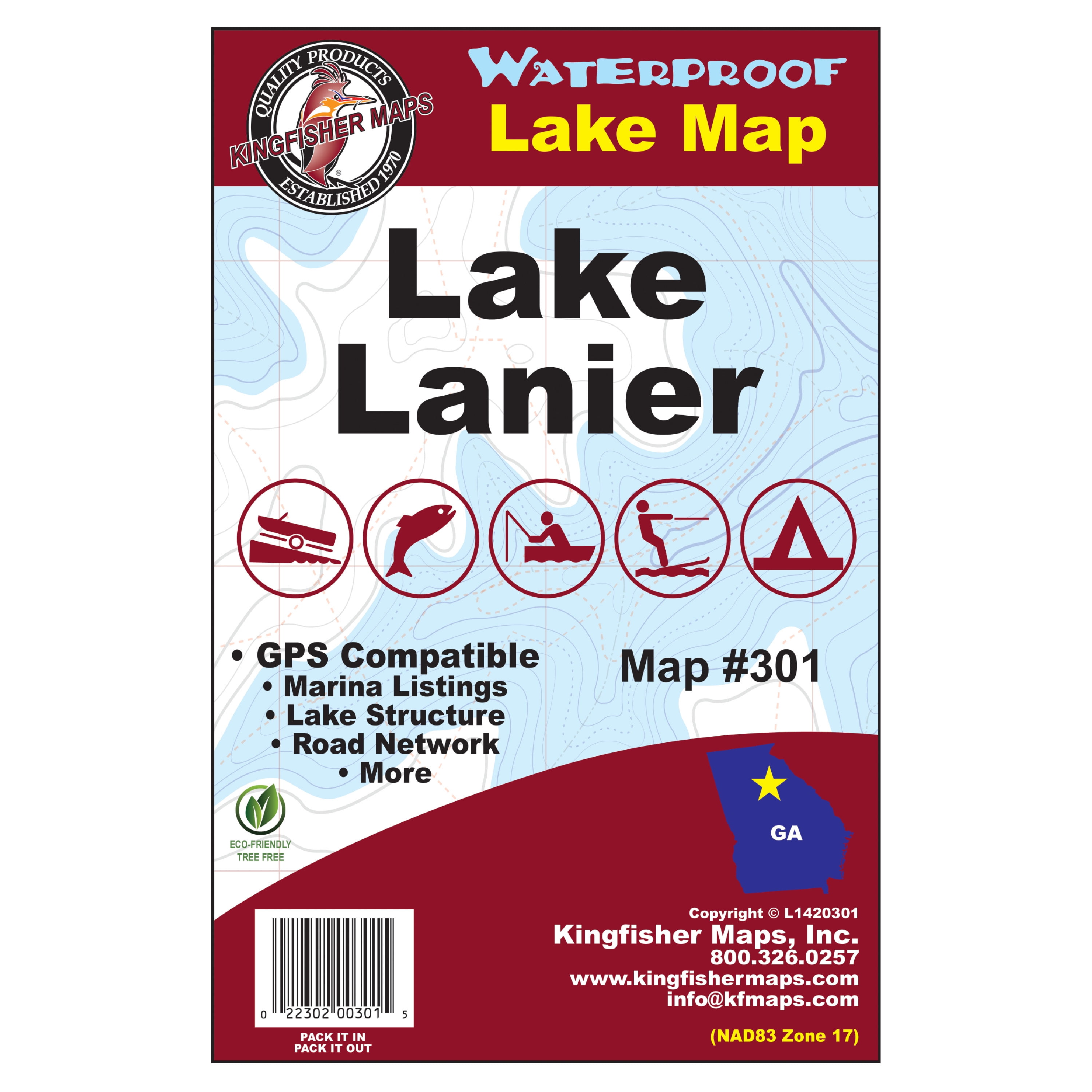 Kingfisher Maps Waterproof Lake Map Lake Lanier Georgia, 24" x 36" 0 ...