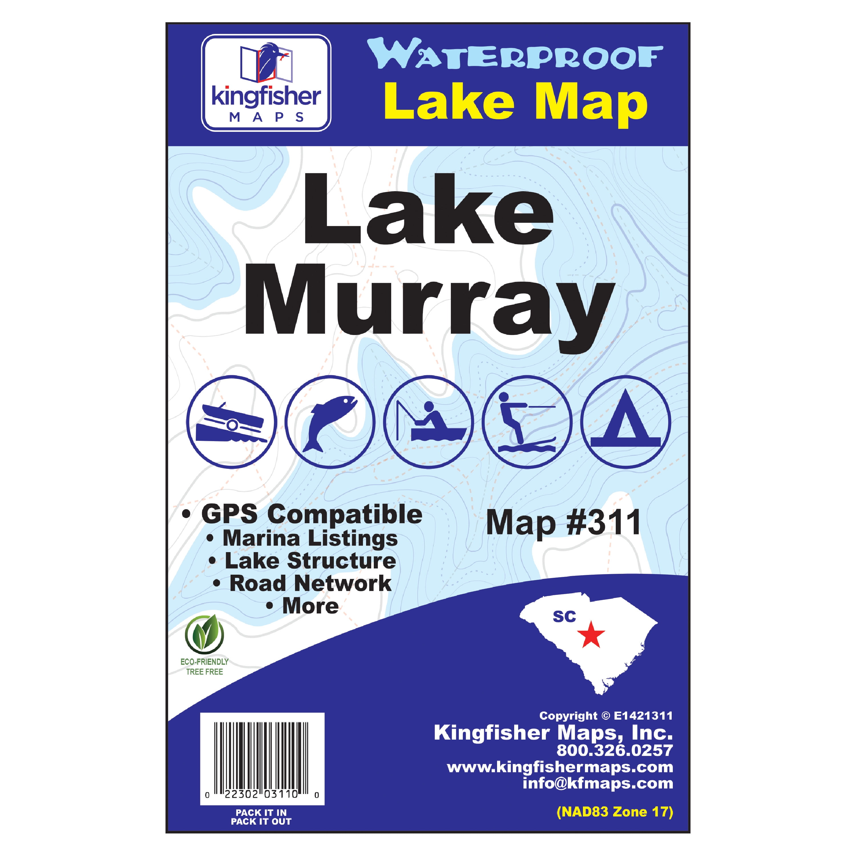 Kingfisher Maps Waterproof Lake Map Lake Murray South Carolina, 24" x ...
